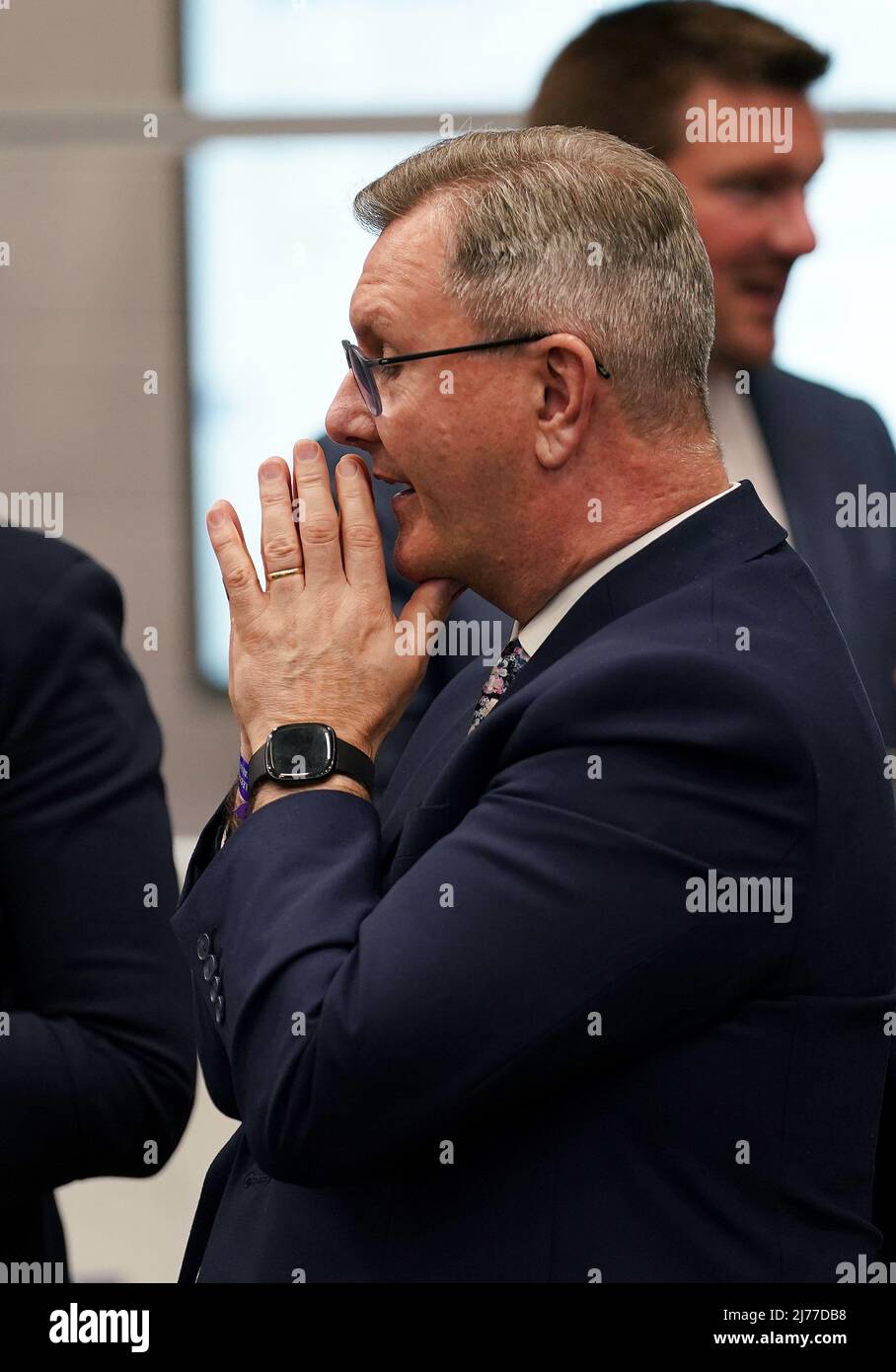 DUP leader Sir Jeffrey Donaldson at Ulster University Jordanstown count ...