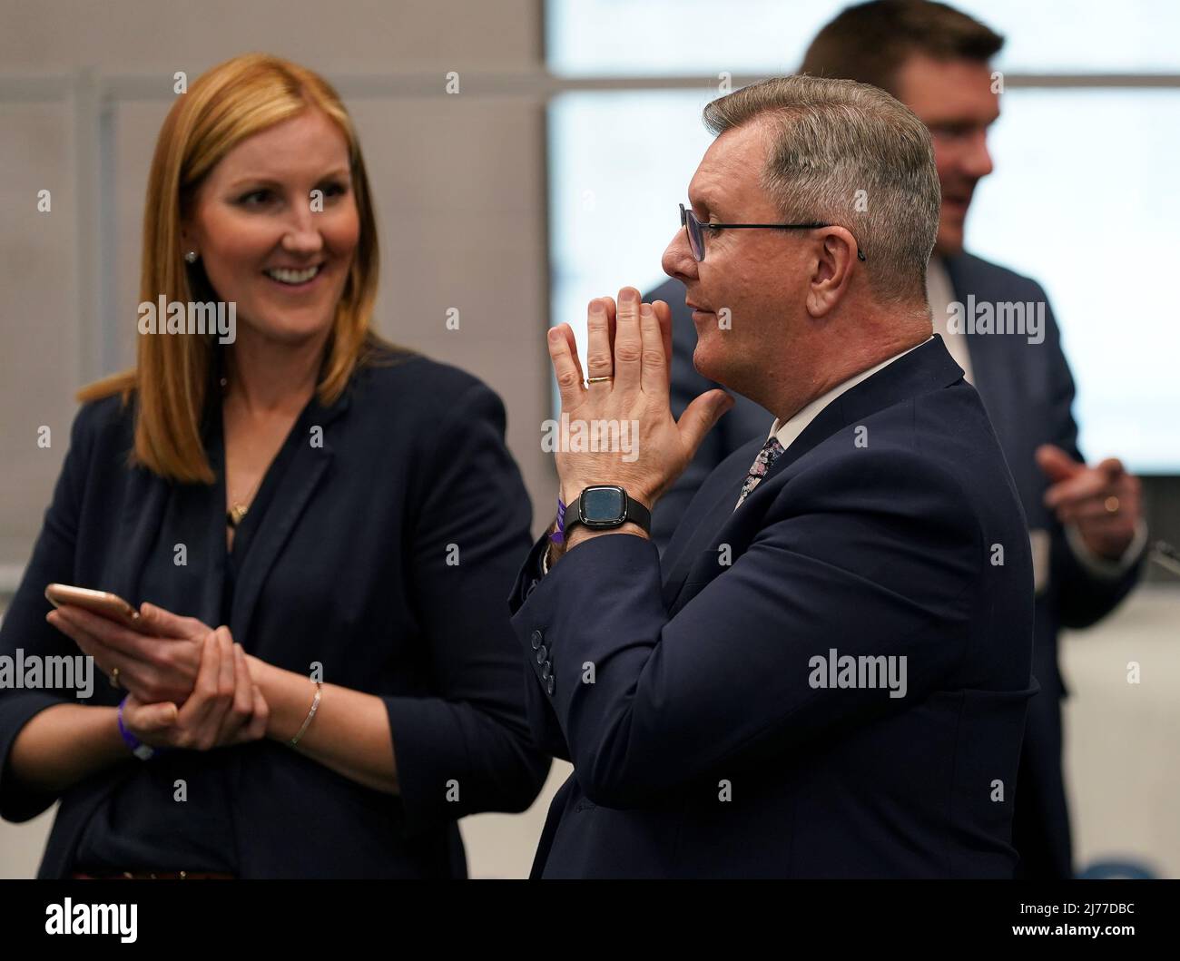 DUP leader Sir Jeffrey Donaldson at Ulster University Jordanstown count ...