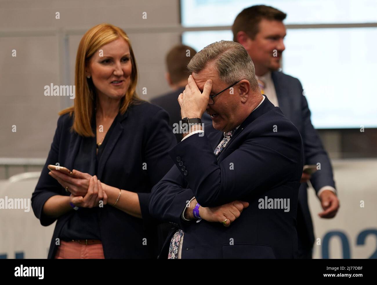DUP leader Sir Jeffrey Donaldson at Ulster University Jordanstown count ...
