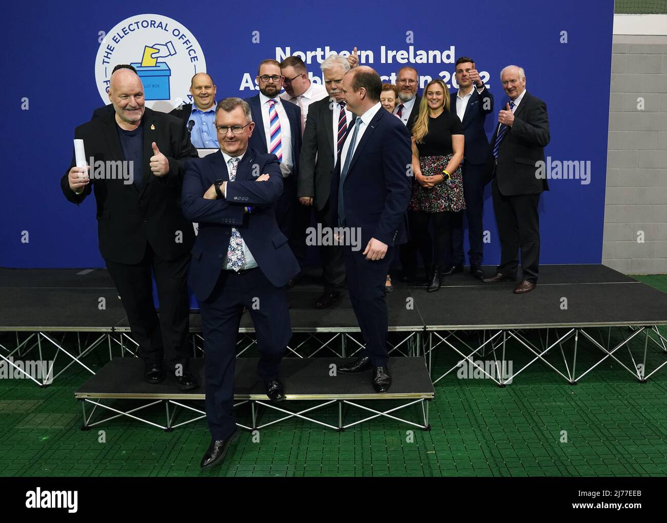 DUP leader Sir Jeffrey Donaldson (front centre) with party colleagues ...