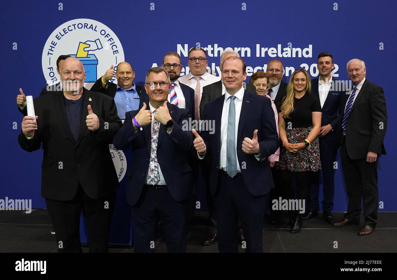 DUP leader Sir Jeffrey Donaldson (front centre) with party colleagues ...