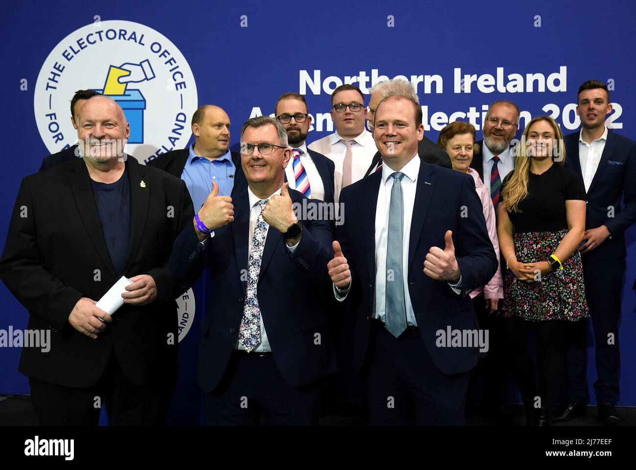 DUP leader Sir Jeffrey Donaldson (second left) with colleagues and ...