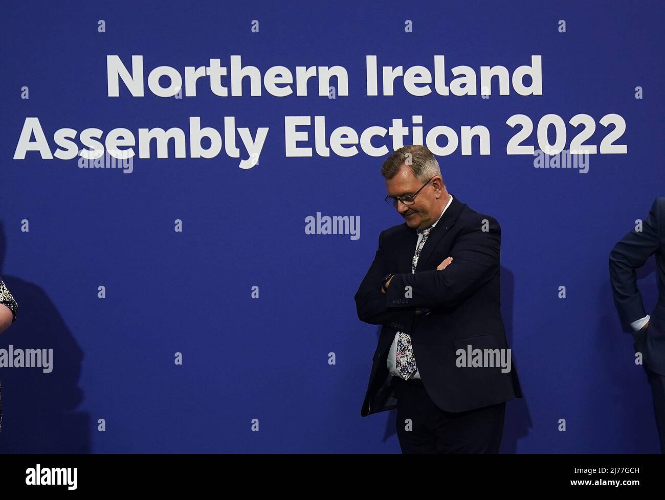 DUP leader Sir Jeffrey Donaldson at Ulster University Jordanstown count ...