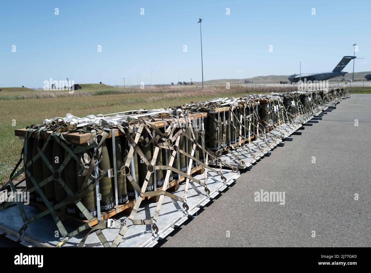 Pallets holding munitions await to be loaded at Travis Air Force Base ...