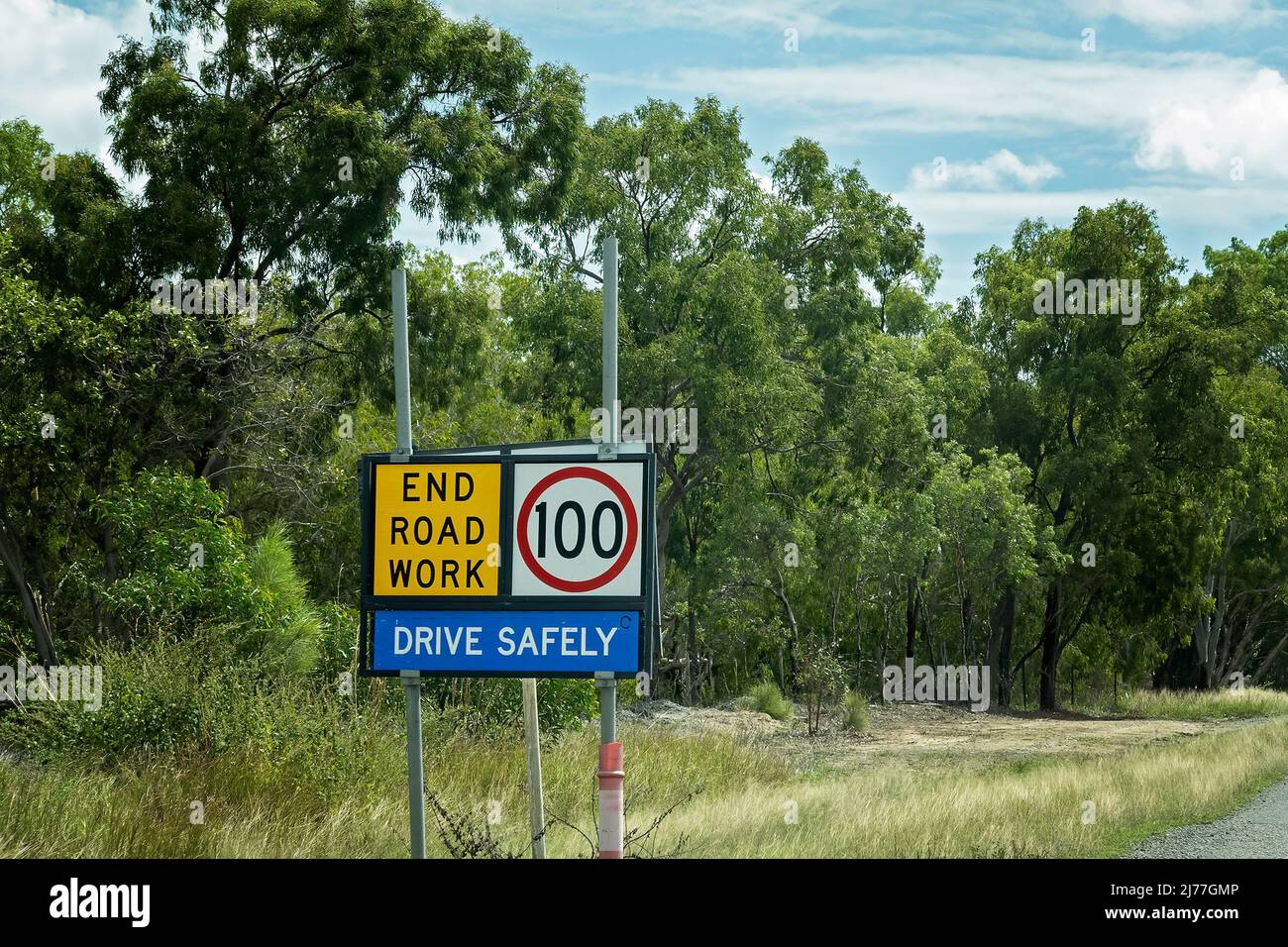 Drive Safety speed limit sign on the side of a country road at the end ...