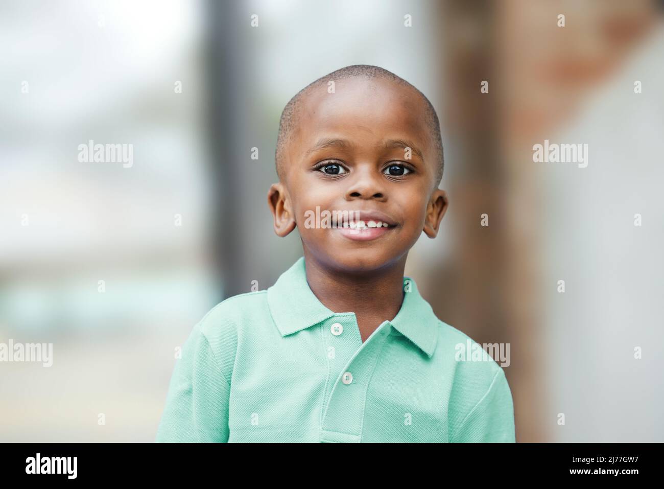 A cute little boy of preschool age with a green shirt with copy space ...