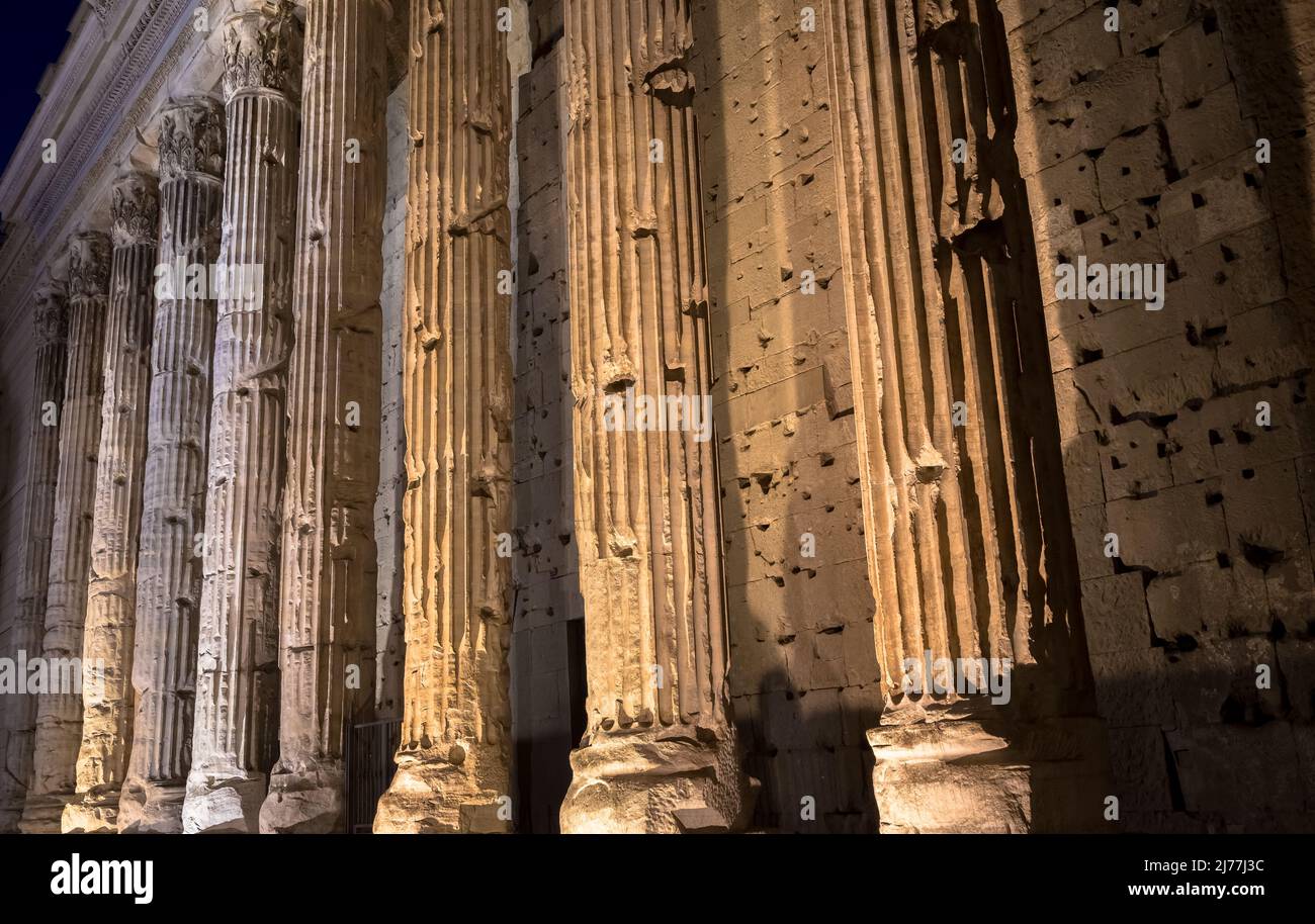 Rome, Italy. Detail of illuminated column architecture of Pantheon by ...