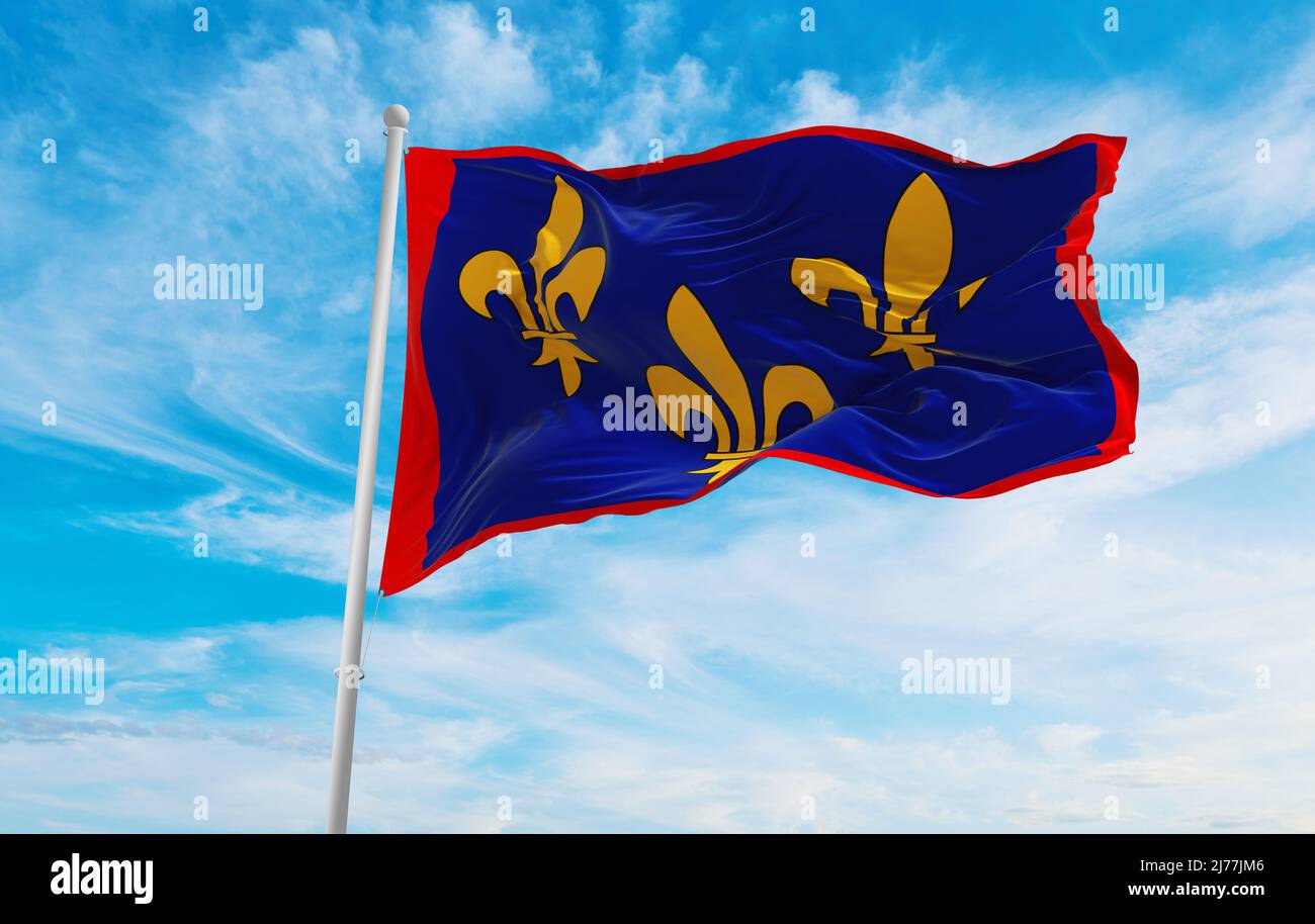 flag of Anjou, France at cloudy sky background on sunset, panoramic ...