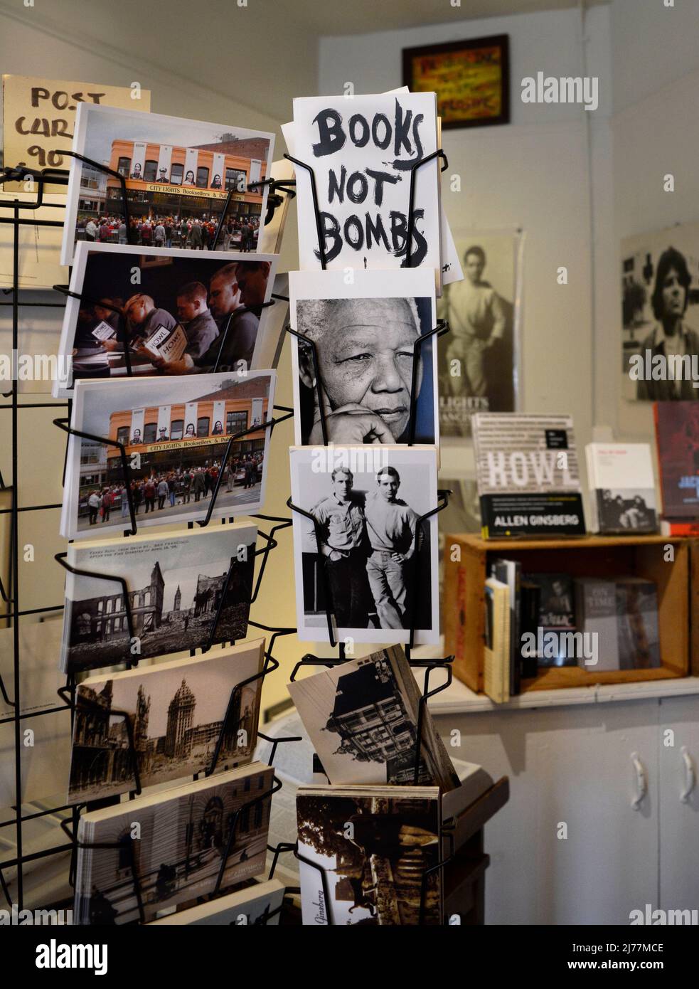Postcards and books for sale at the landmark City Lights Booksellers ...