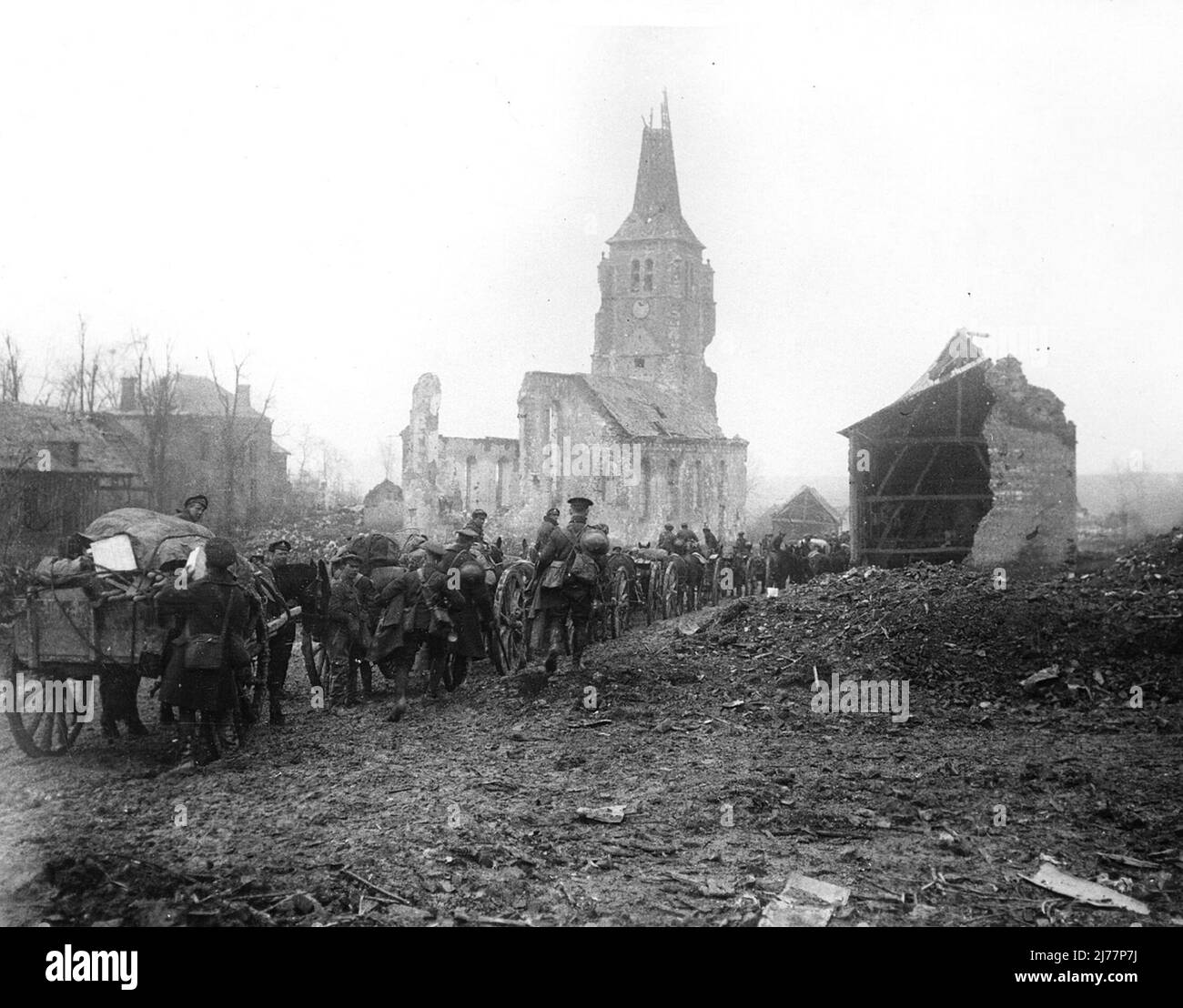 British transport passing the ruined Church in Mesnil, December 1916 ...
