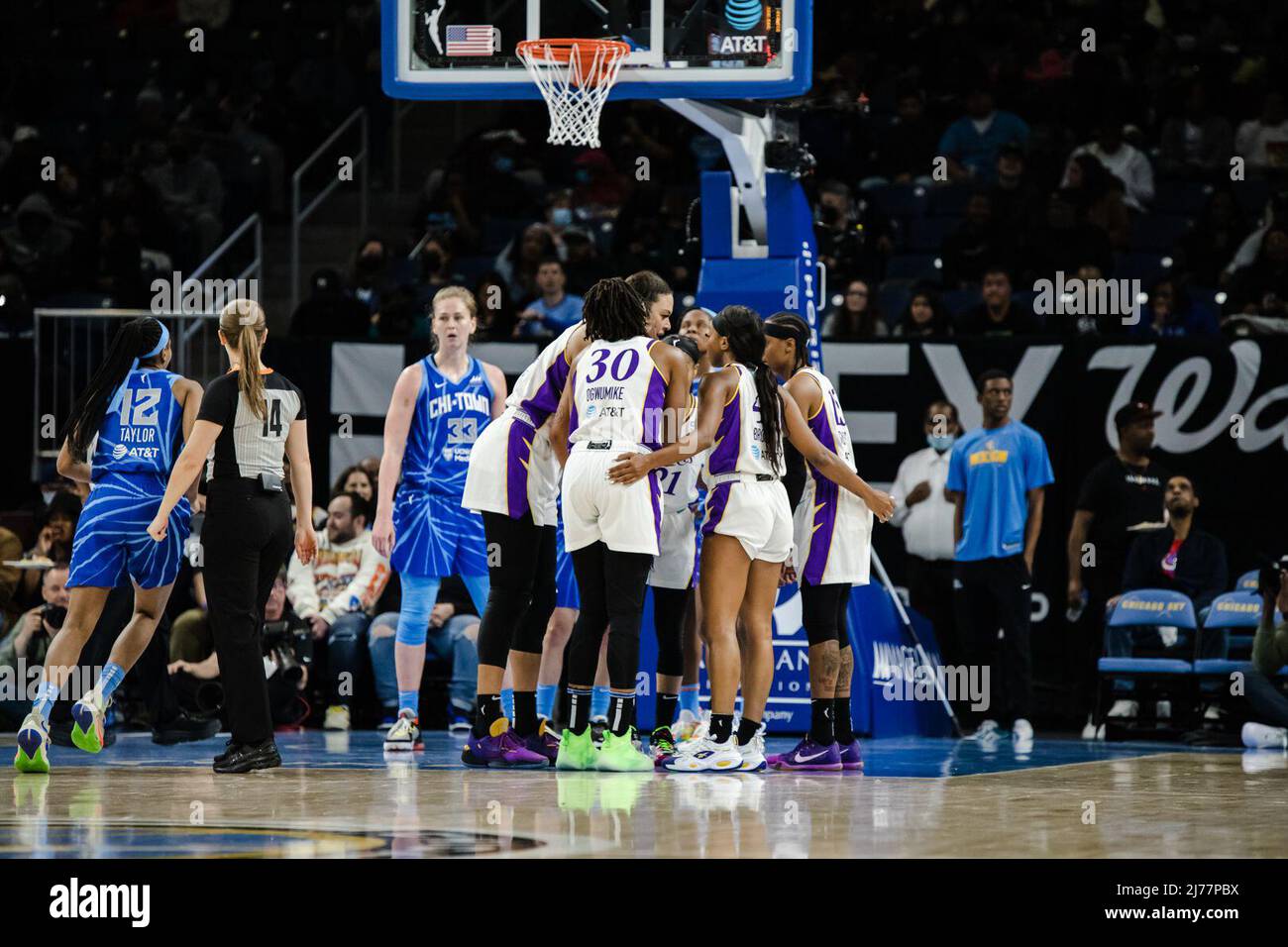 Los Angeles Sparks huddle during the WNBA basketball game between the ...