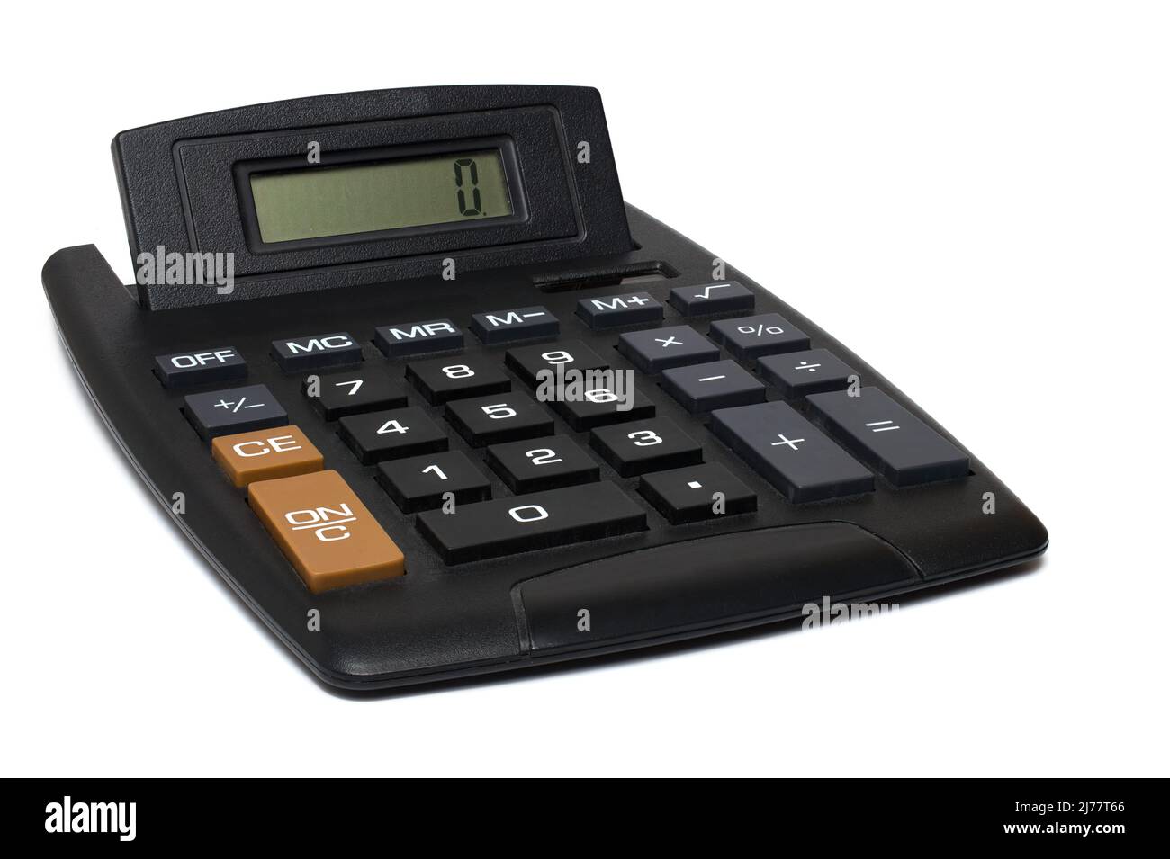 Close up of black jumbo plastic calculator with large keys and digital ...