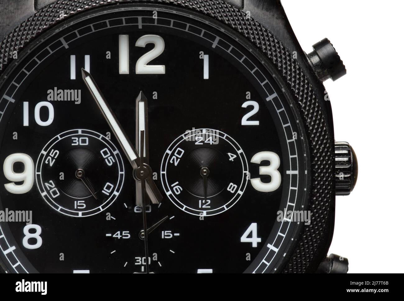 Close up partial view of modern black chronograph wrist watch sports ...