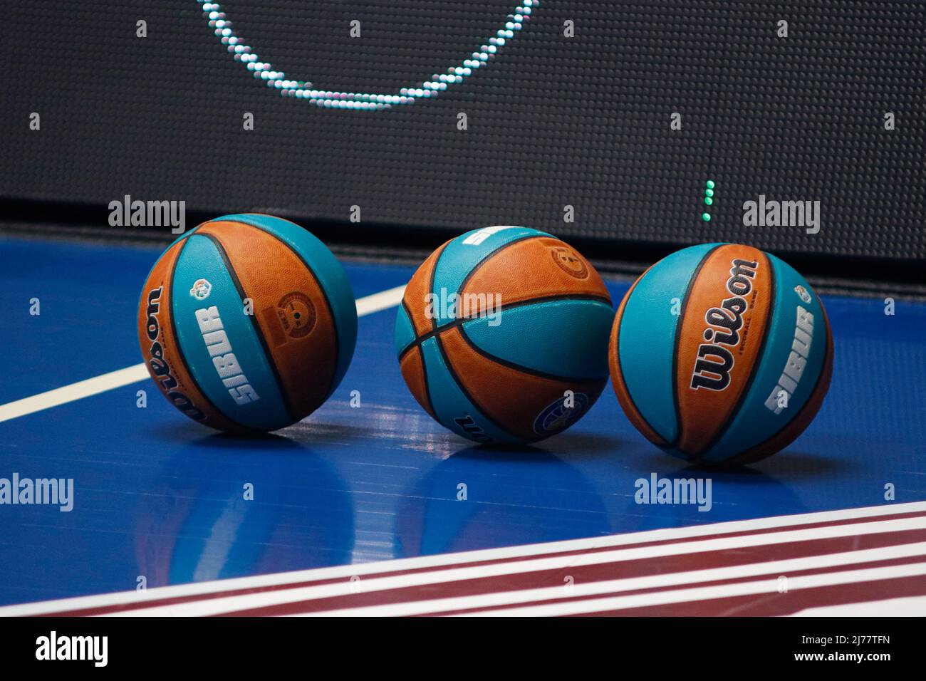 Three balls for playing basketball on the first match 1/2 finals of the ...