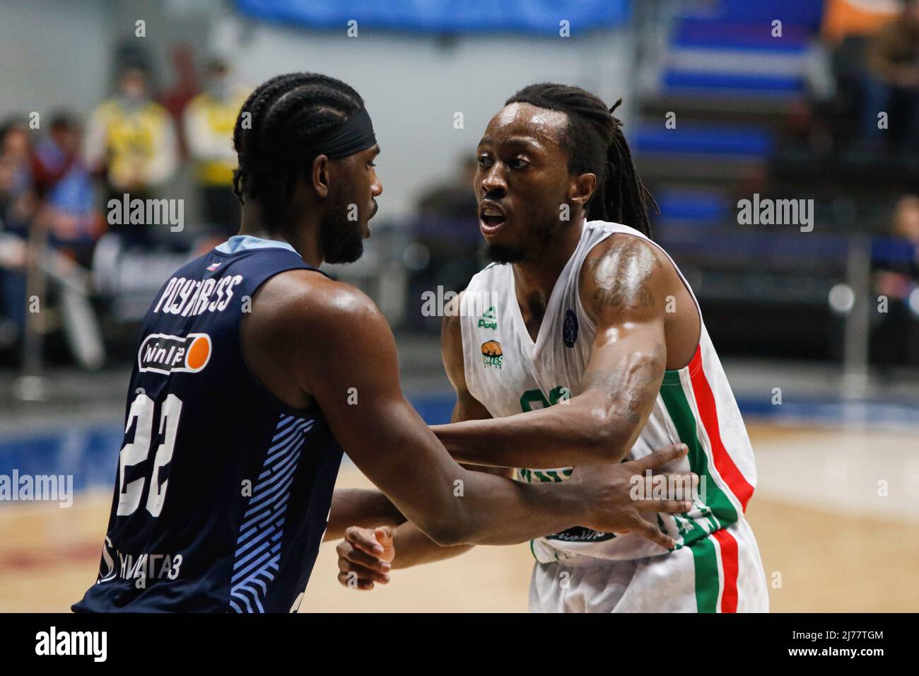 Jeron Johnson (No.92) of UNICS and Alex Poythress (No.22) of Zenit in ...
