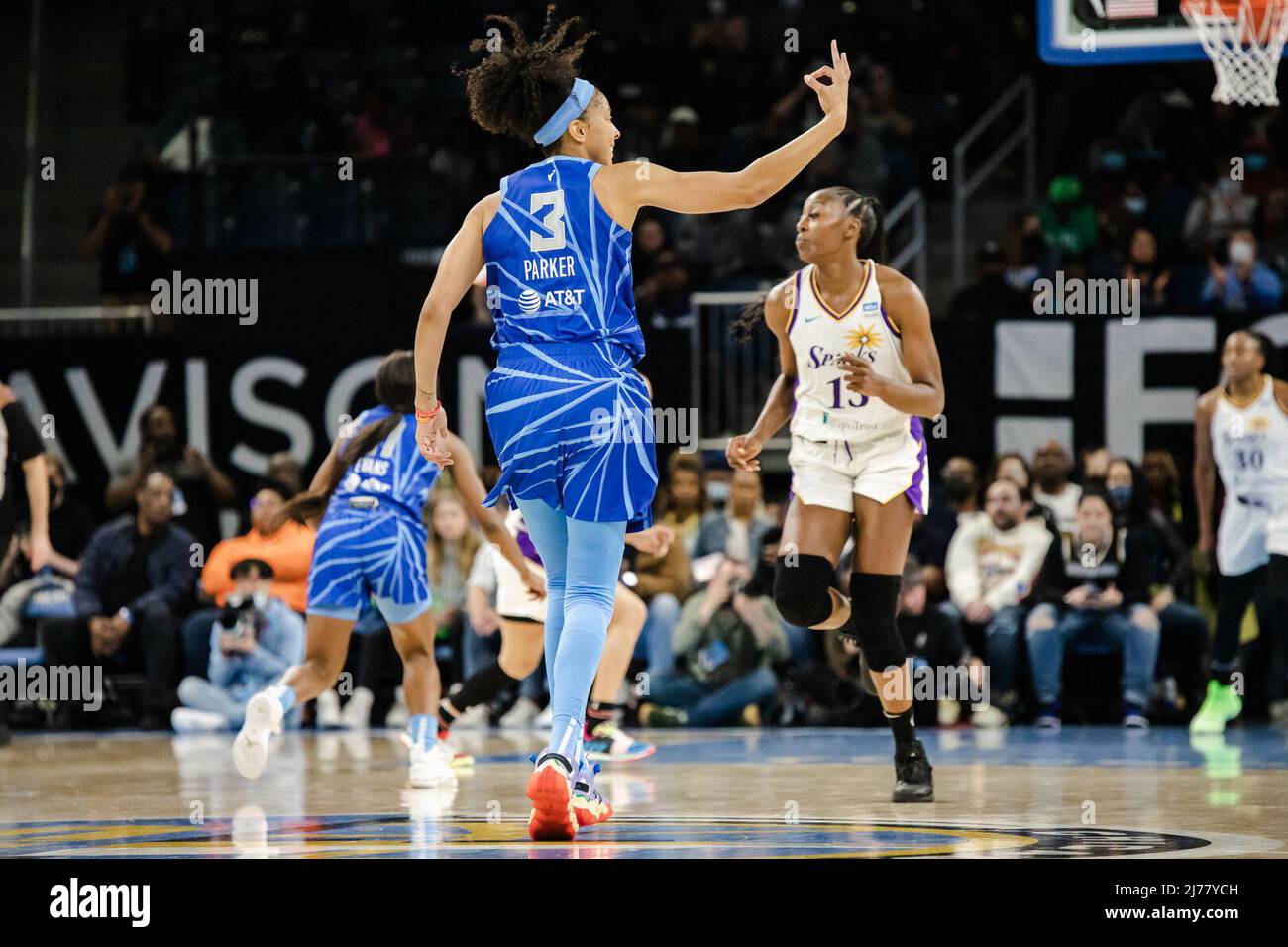 Candace Parker (3 Chicago Sky) makes a 3-point celebration during the ...
