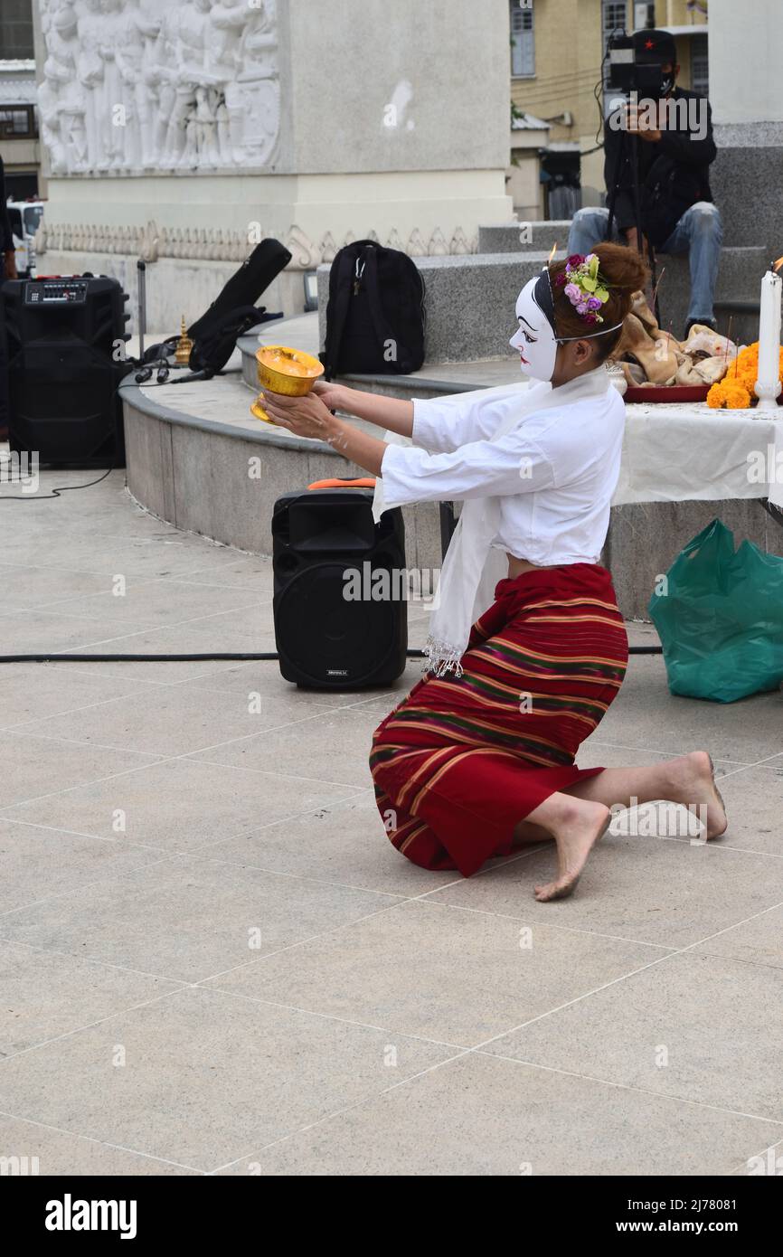Bangkok Thailand - May 5 , 2022 : White Myanmar Mask dancing in public ...