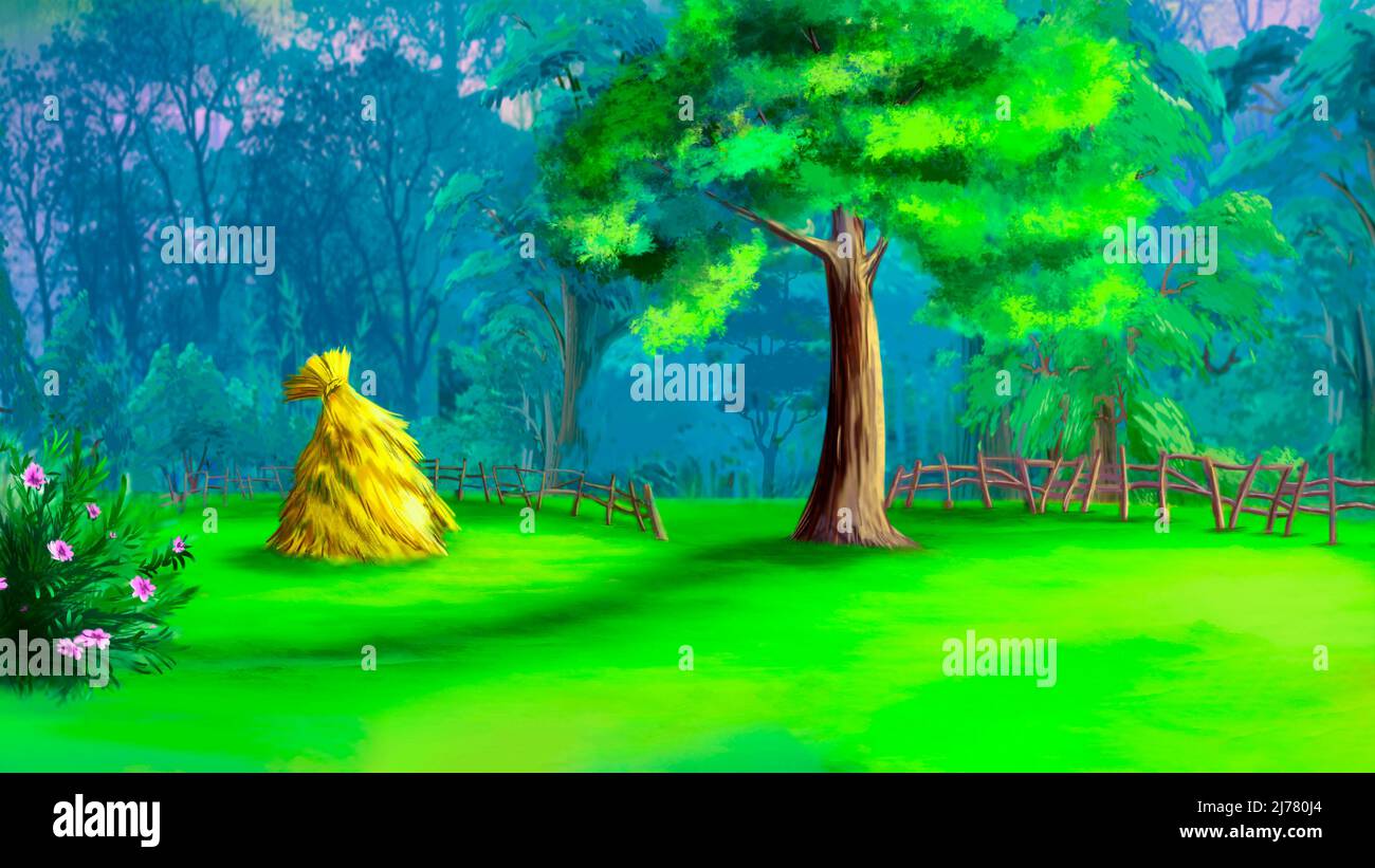 Haystack in the green garden on a sunny day. Digital Painting ...