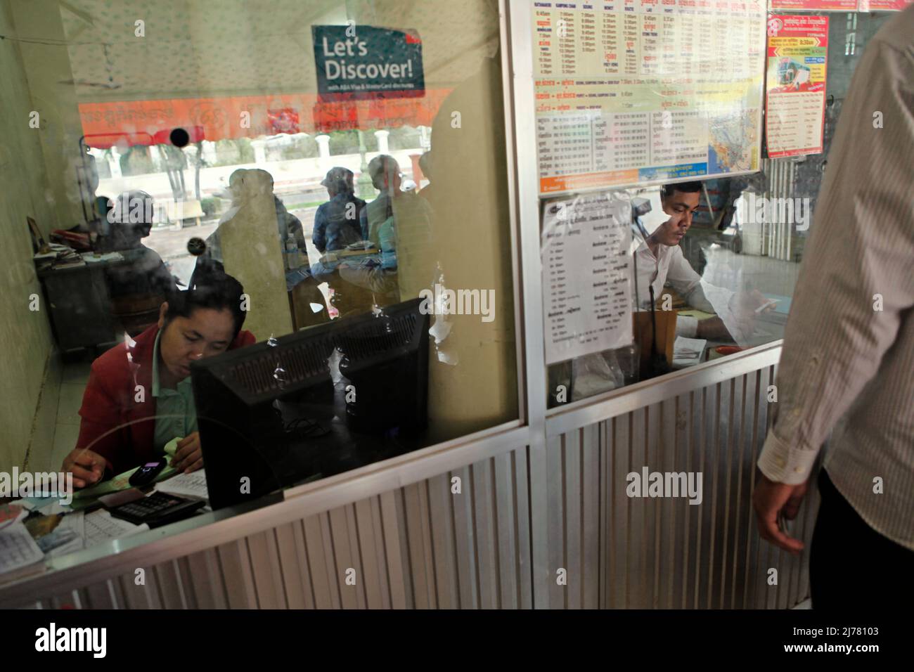 Bus ticket counter at intercity bus station in Kampong Cham, Cambodia ...