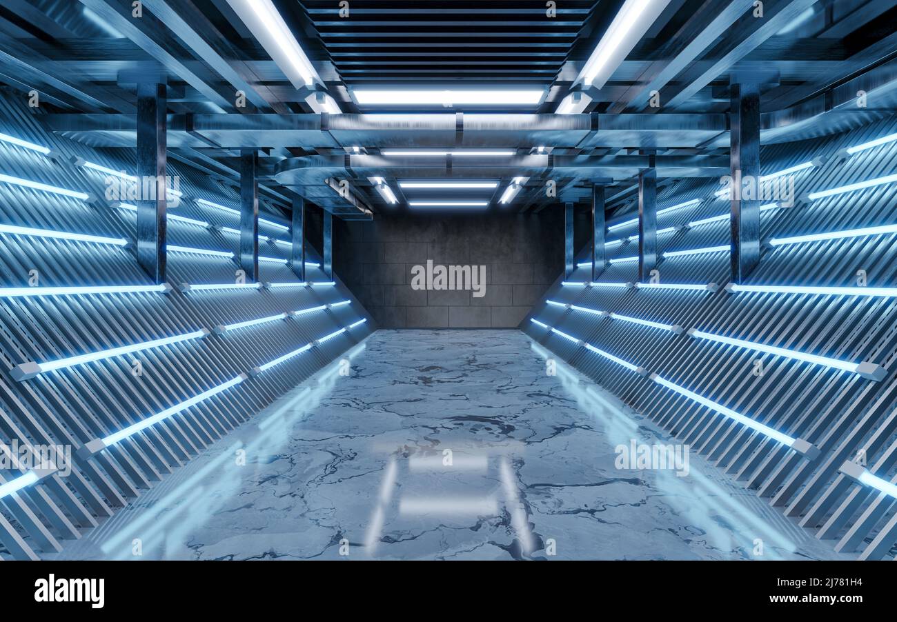 Dark building with neon illumination, 3d rendering. Computer digital ...