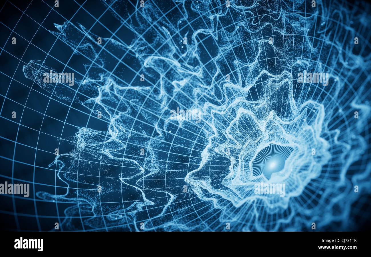 Wave particles with the shape of sphere, 3d rendering. Computer digital ...