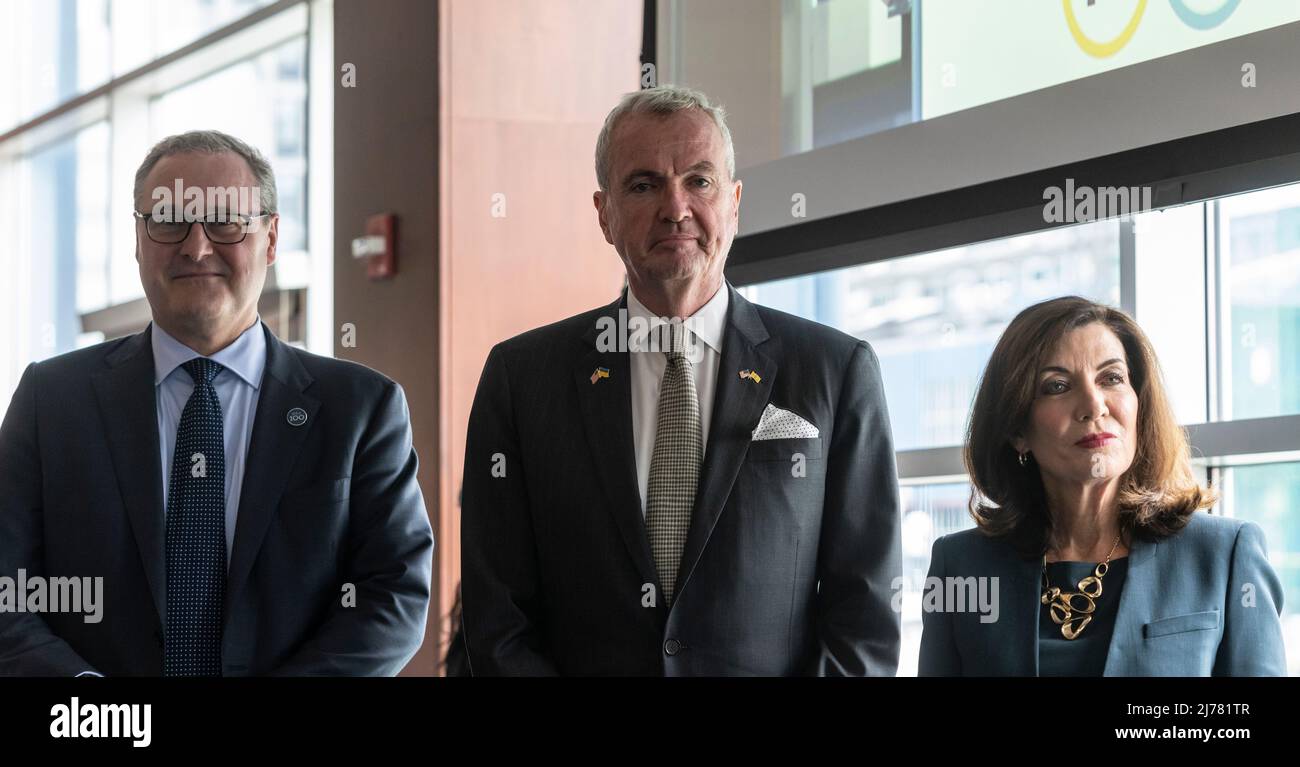 New York, NY - May 6, 2022: Thomas Wright, Phil Murphy, Kathy Hochul ...