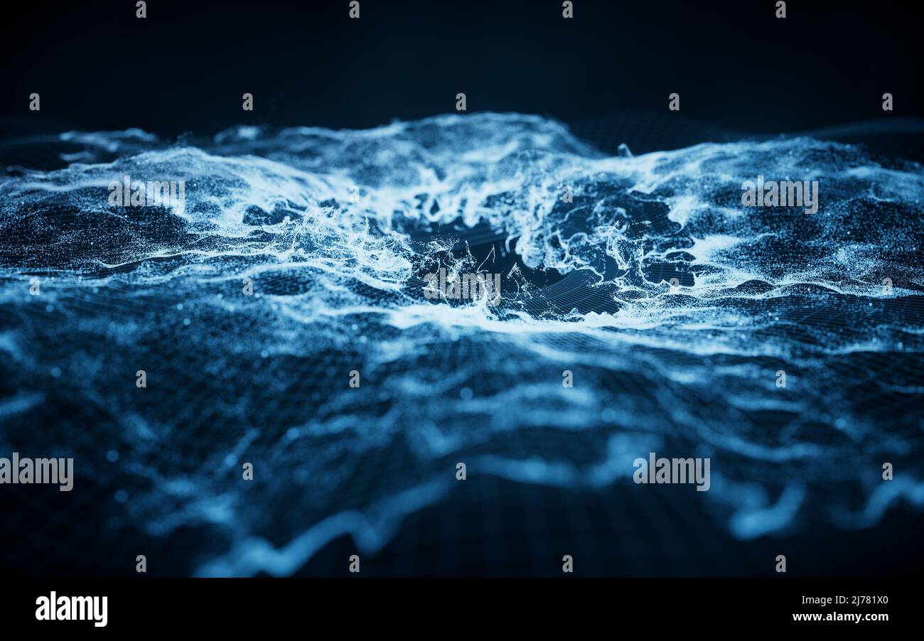 Abstract particles with wave pattern, 3d rendering. Computer digital ...