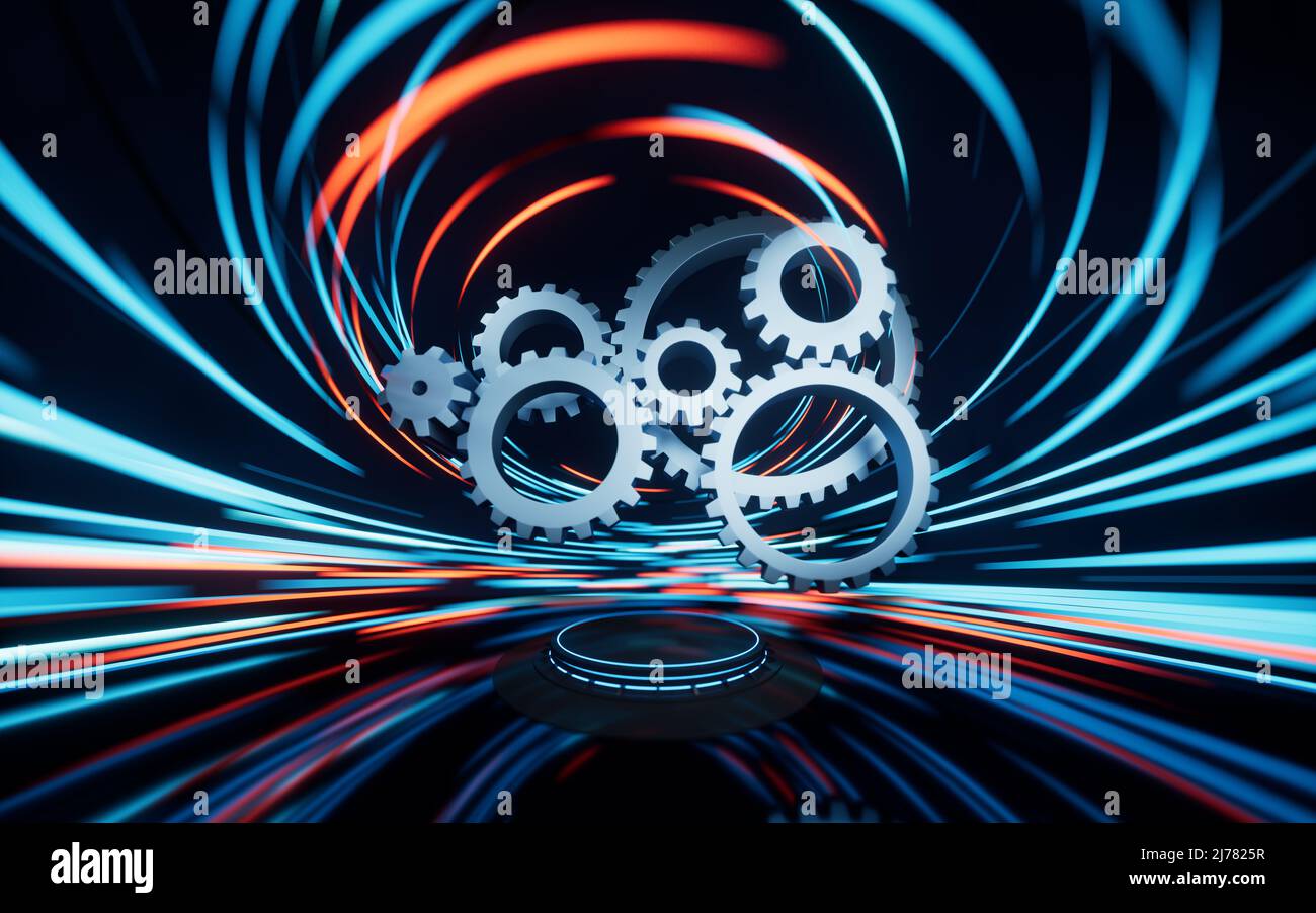 Mechanical gears belt with spin lines effect background, 3d rendering ...