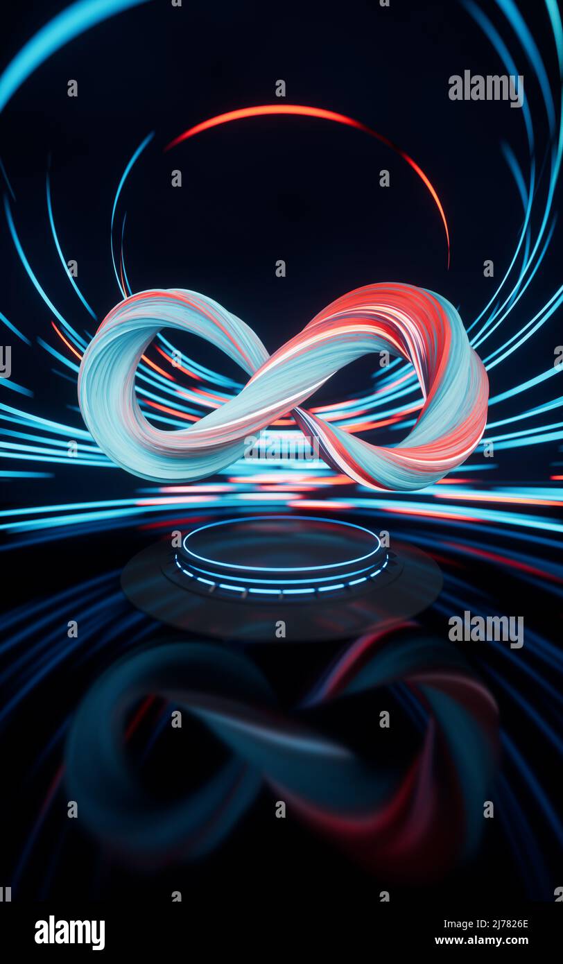 Mobius belt with spin lines effect background, 3d rendering. Computer ...