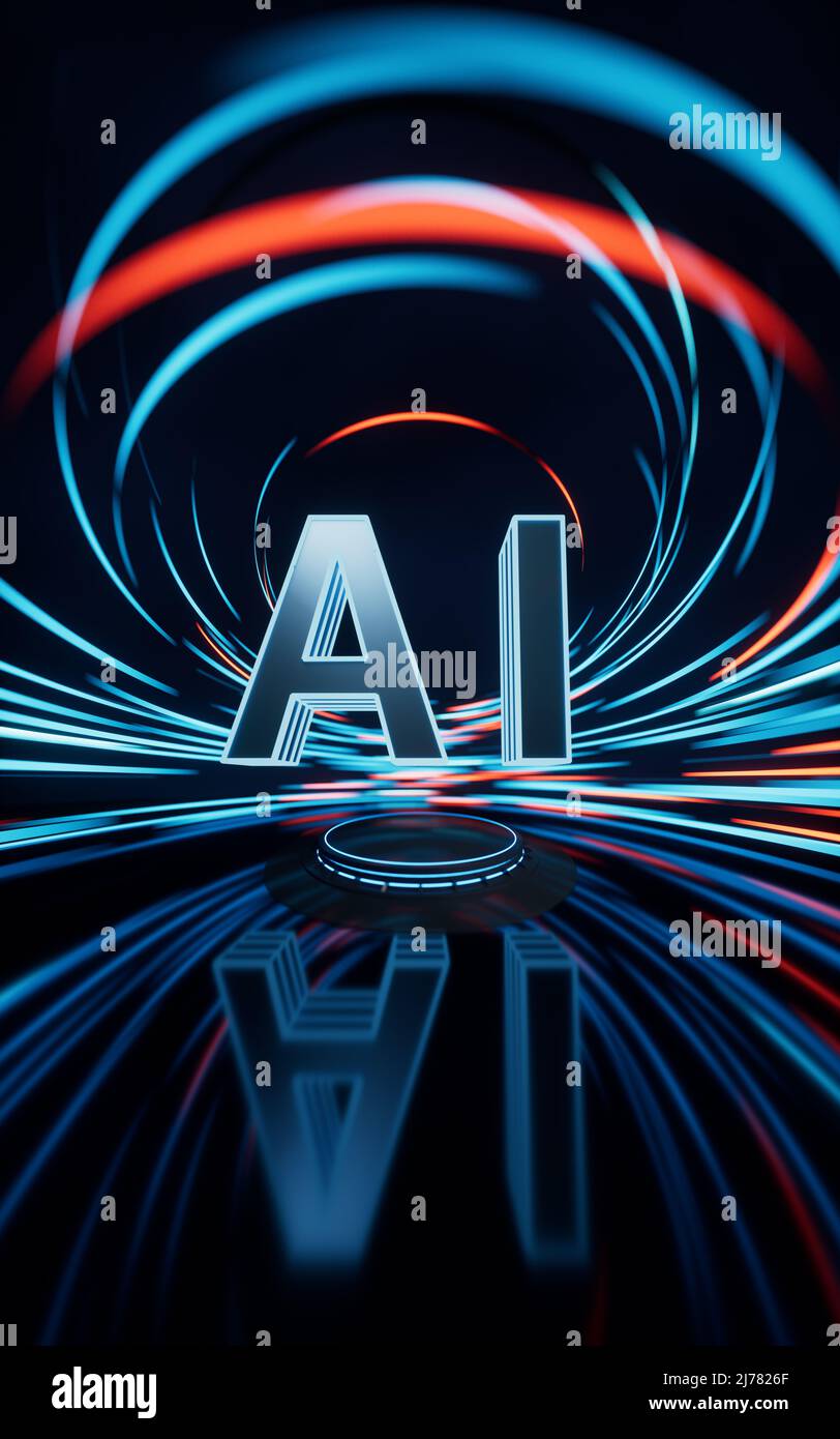 AI concept with spin lines effect background, 3d rendering. Computer ...