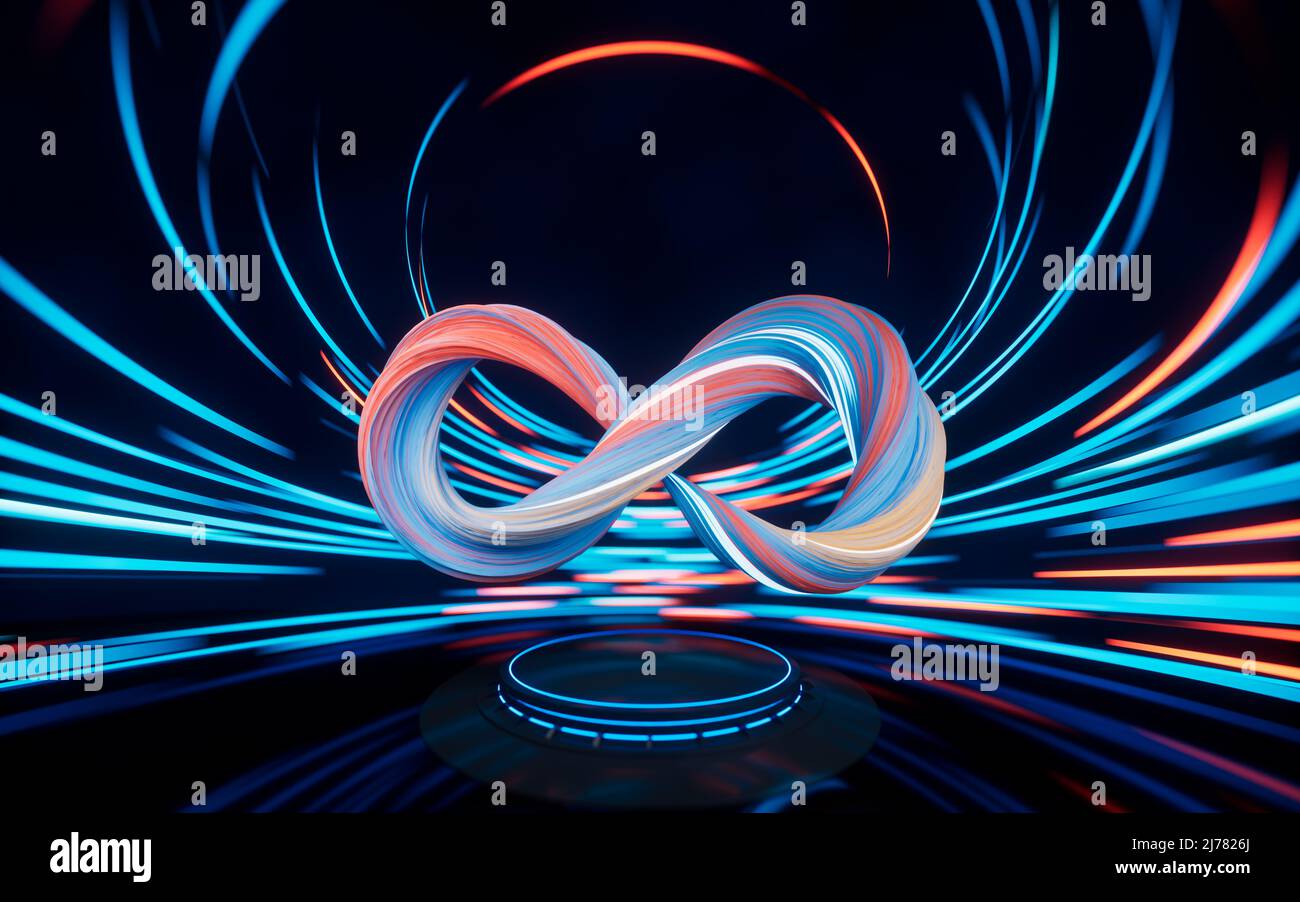 Mobius belt with spin lines effect background, 3d rendering. Computer ...