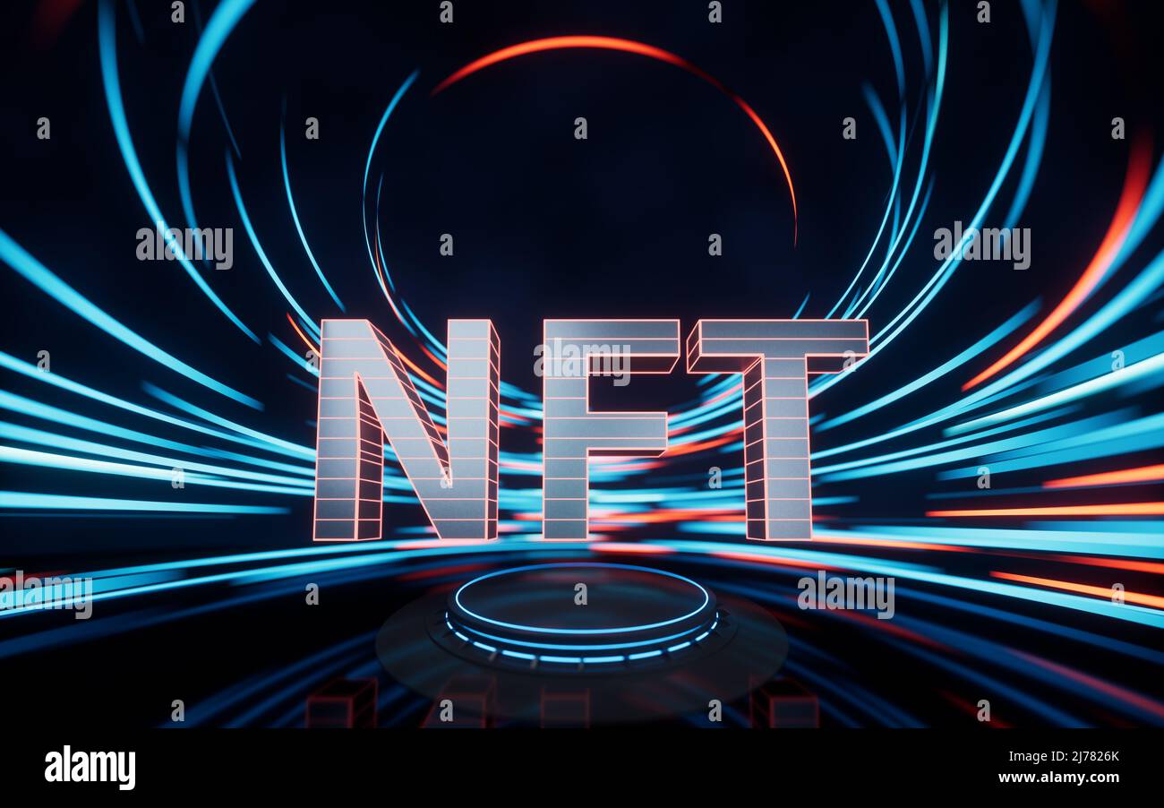 NFT concept with spin lines effect background, 3d rendering. Computer ...
