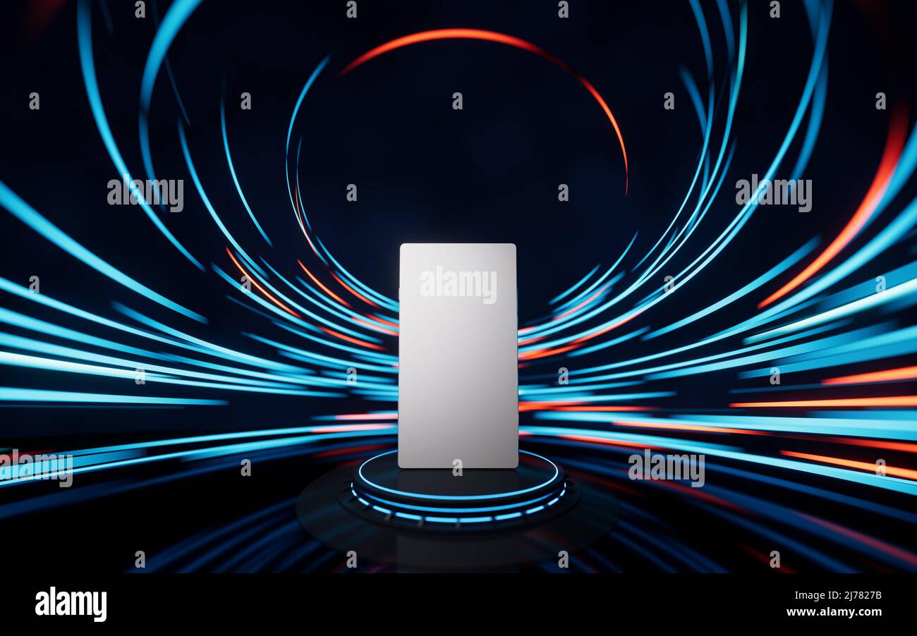 Mobile phone with spin lines effect background, 3d rendering. Computer ...