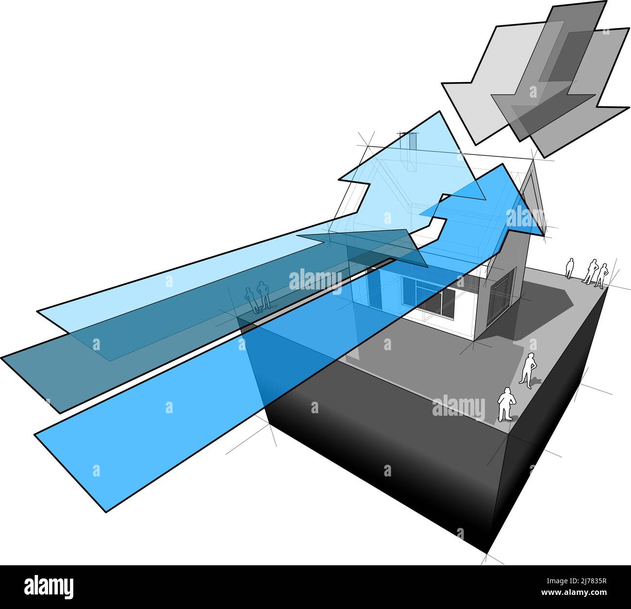 diagram of a simple detached house and arrows symbolising wind and rain ...