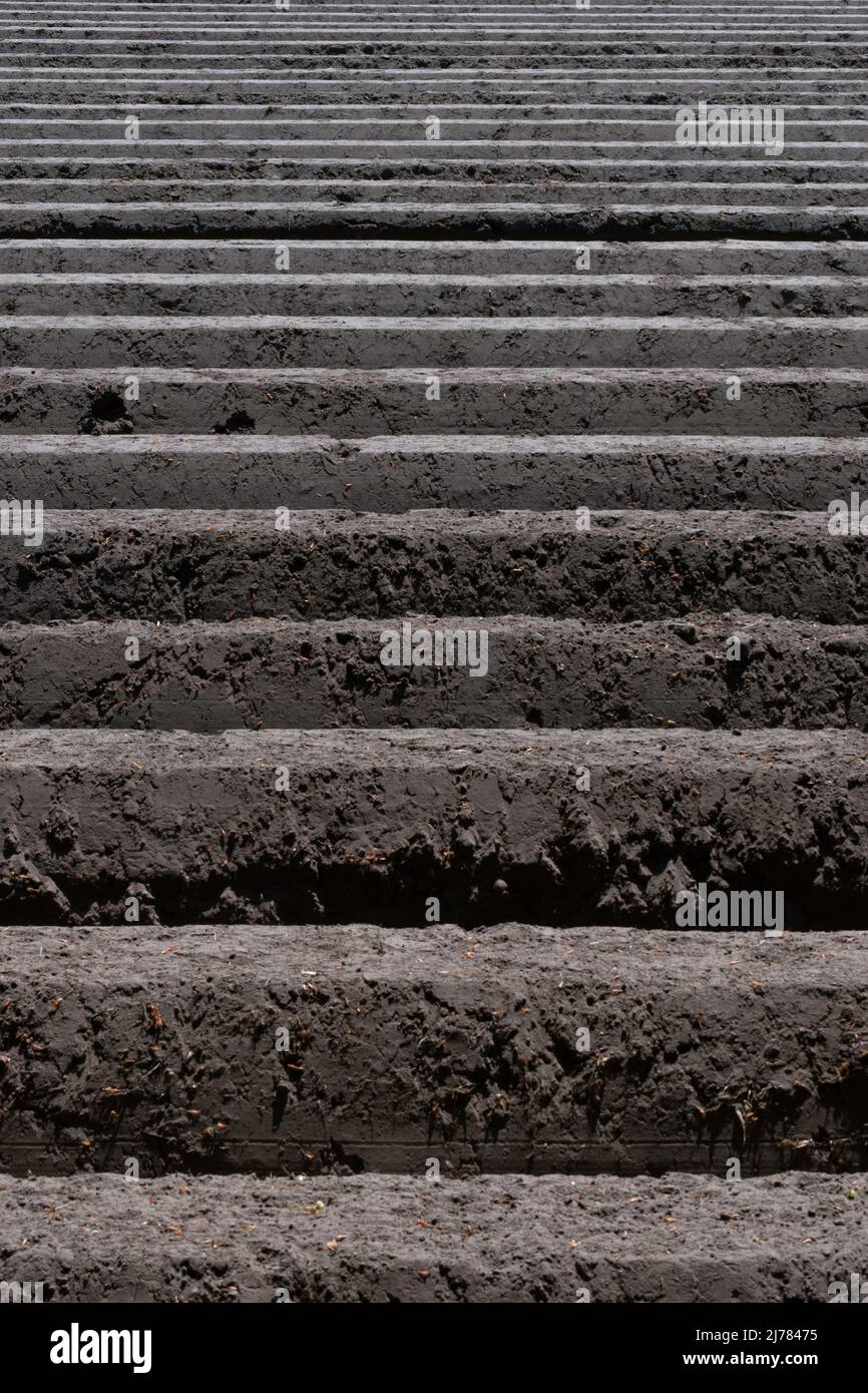 Background with deep plowed straight furrows in the earth necessary for ...
