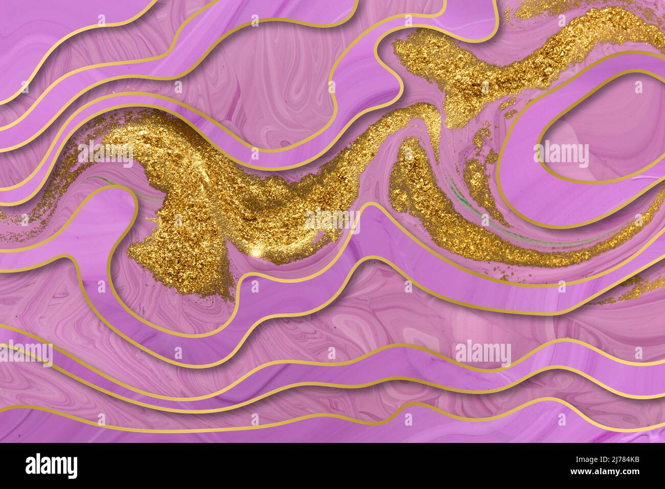 Gold dust wavy pattern on flow purple paints background. Abstract ...