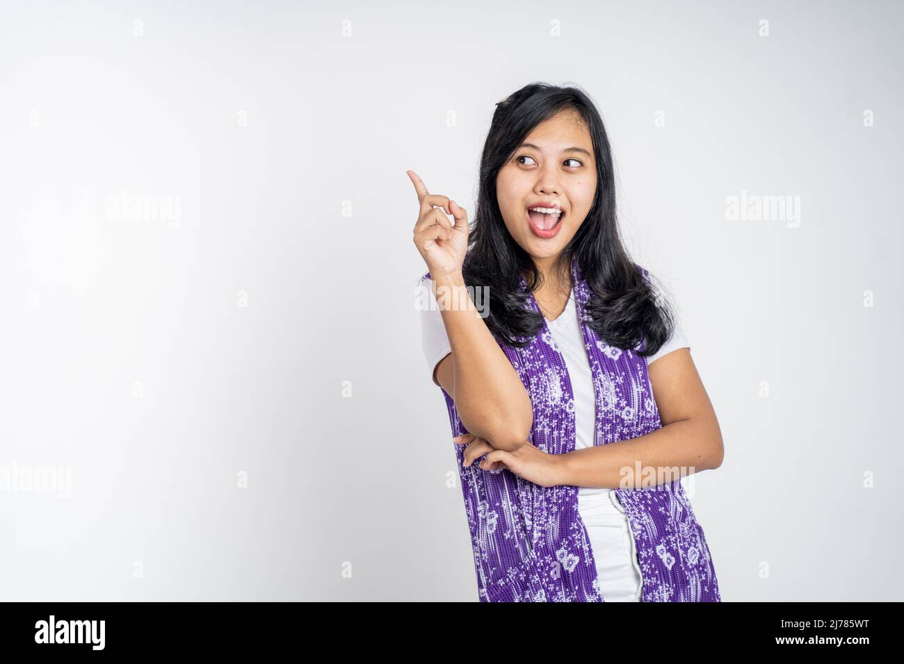 woman with finger pointing up hand gesture on isolated background Stock ...