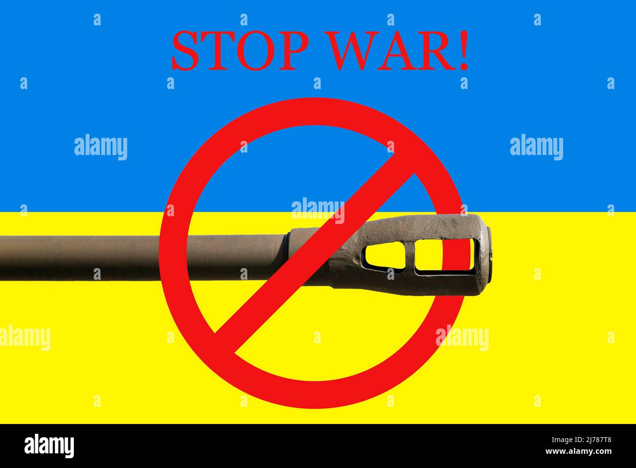 STOP WAR sign. Muzzle brake of a artillery cannon crossed out of red ...