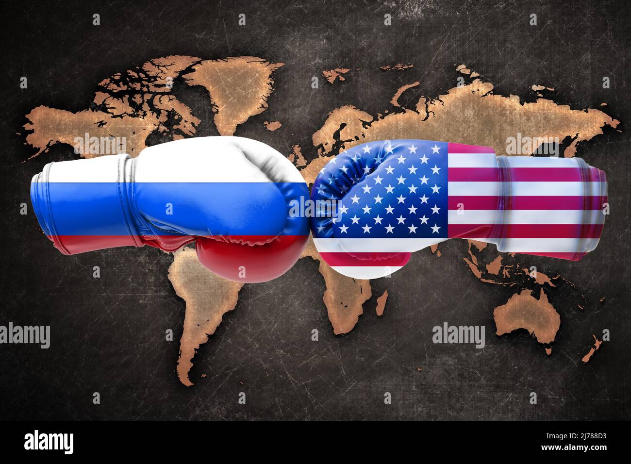 3D illustration flags of Russia and USA on boxing gloves on a map world ...