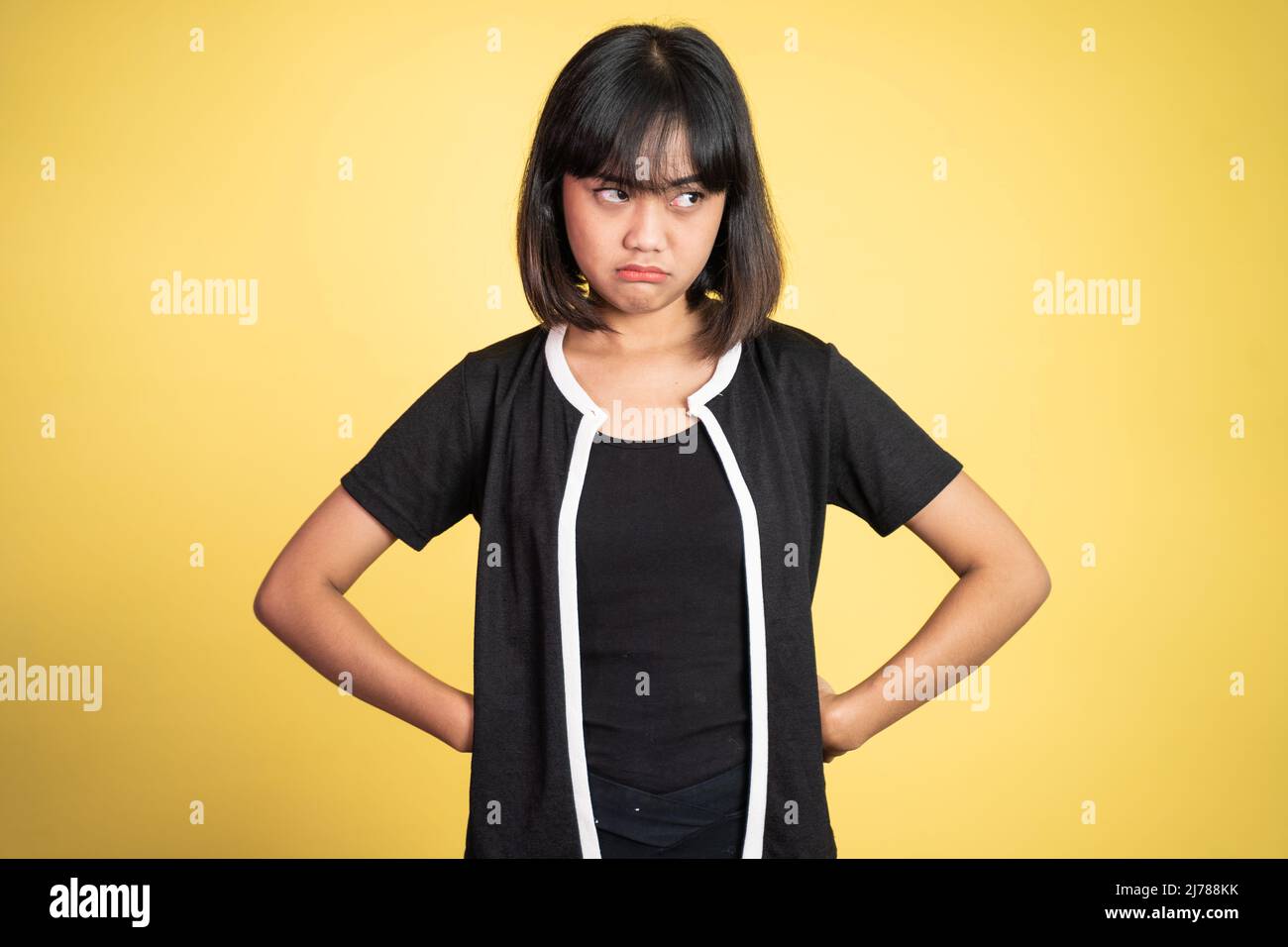 woman stand cross hand with unhappy sad face on isolated Stock Photo ...