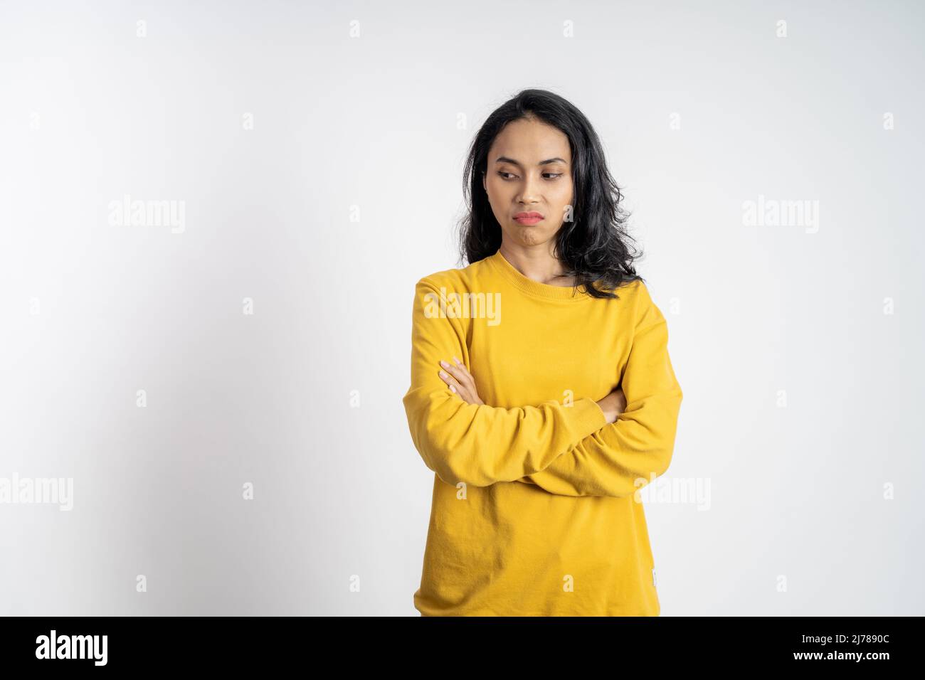woman stand cross hand with unhappy sad face on isolated Stock Photo ...