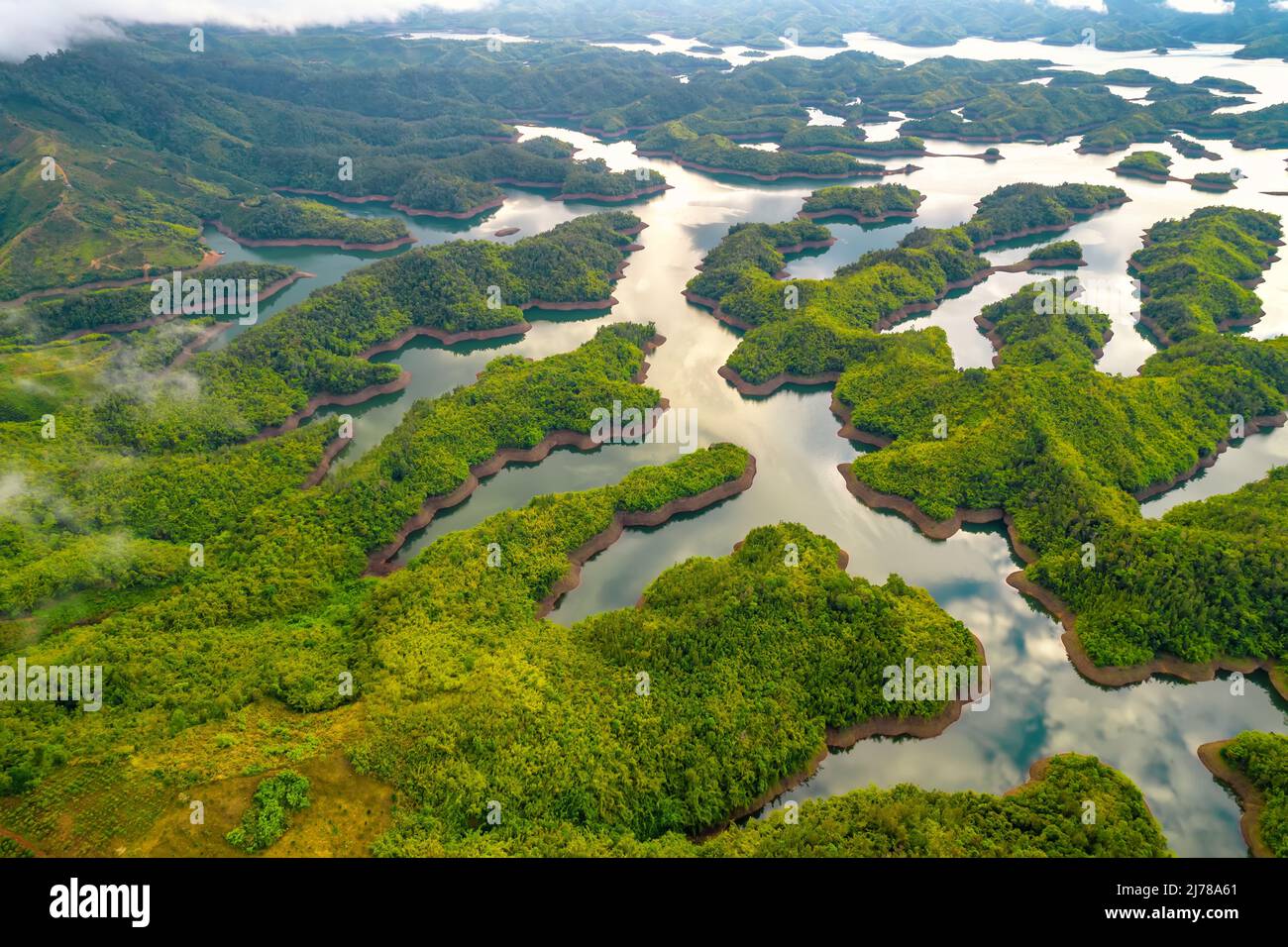 Landscape Ta Dung lake seen from above in the morning with small ...