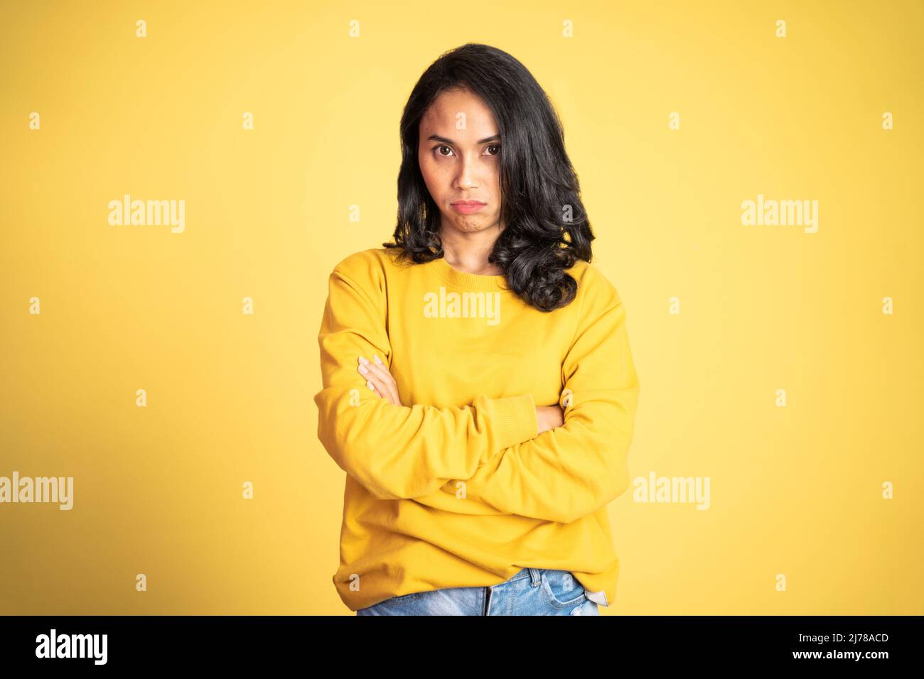 woman stand cross hand with unhappy sad face on isolated Stock Photo ...