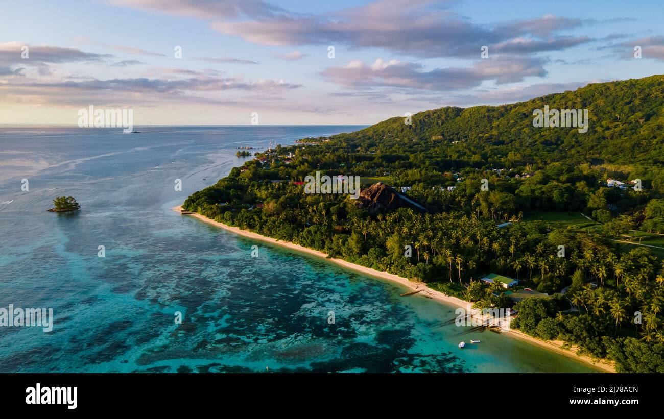 Anse Source d'Argent beach, La Digue Island, Seyshelles, Drone aerial ...