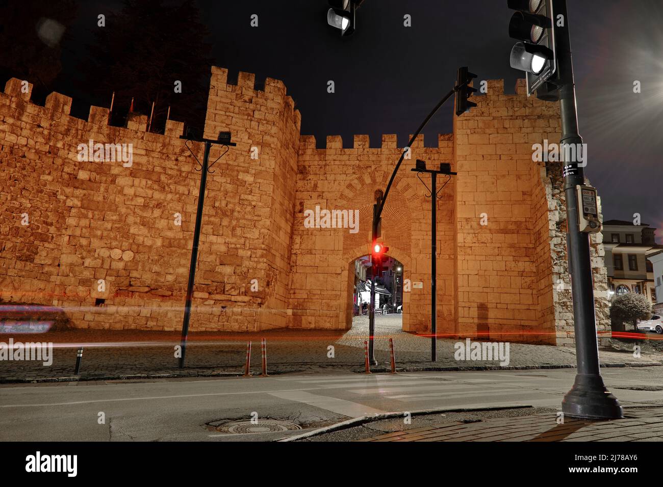 Long exposure ancient ottoman castle gate photo in Bursa, Turkey. Local ...