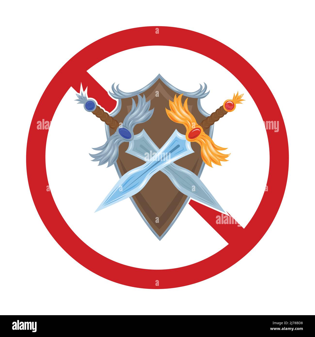Vector cartoon medieval crossed swords and shield in a red forbidden ...