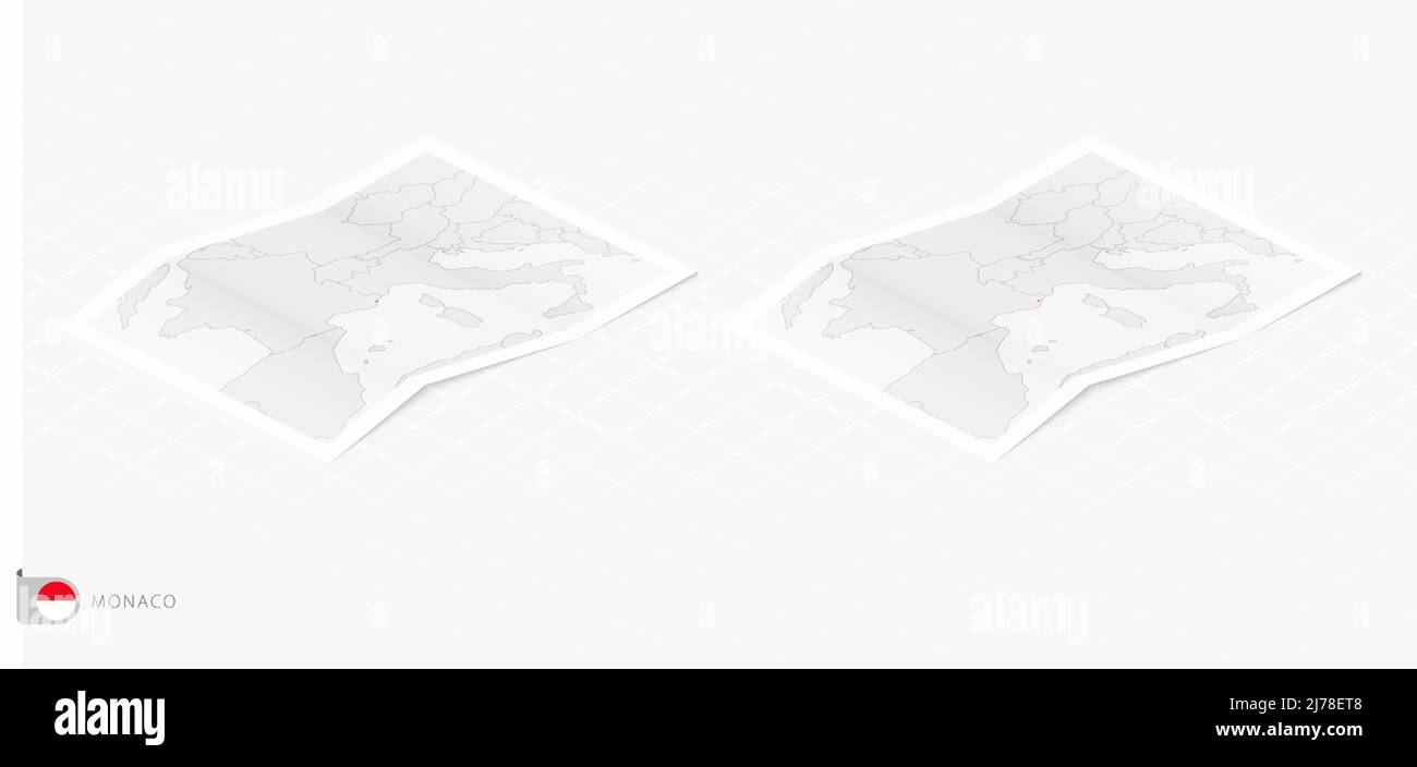 Set of two realistic map of Monaco with shadow. The flag and map of Monaco in isometric style ...