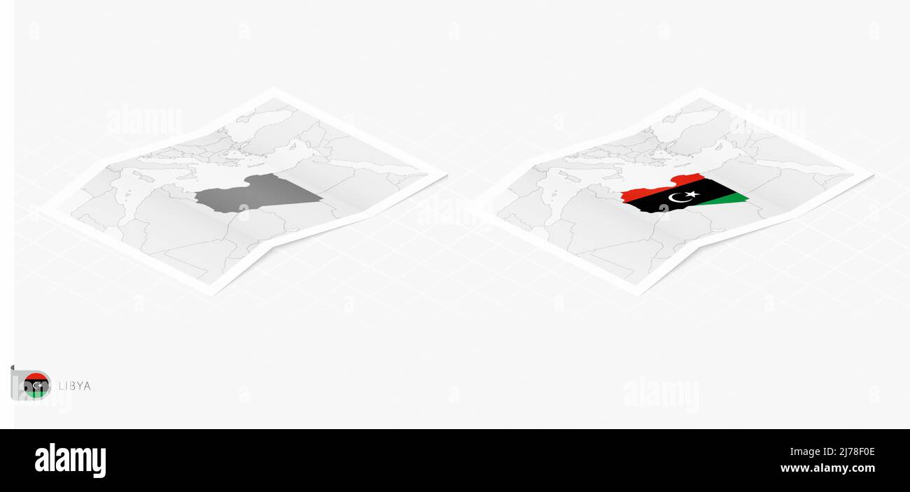 Set of two realistic map of Libya with shadow. The flag and map of ...