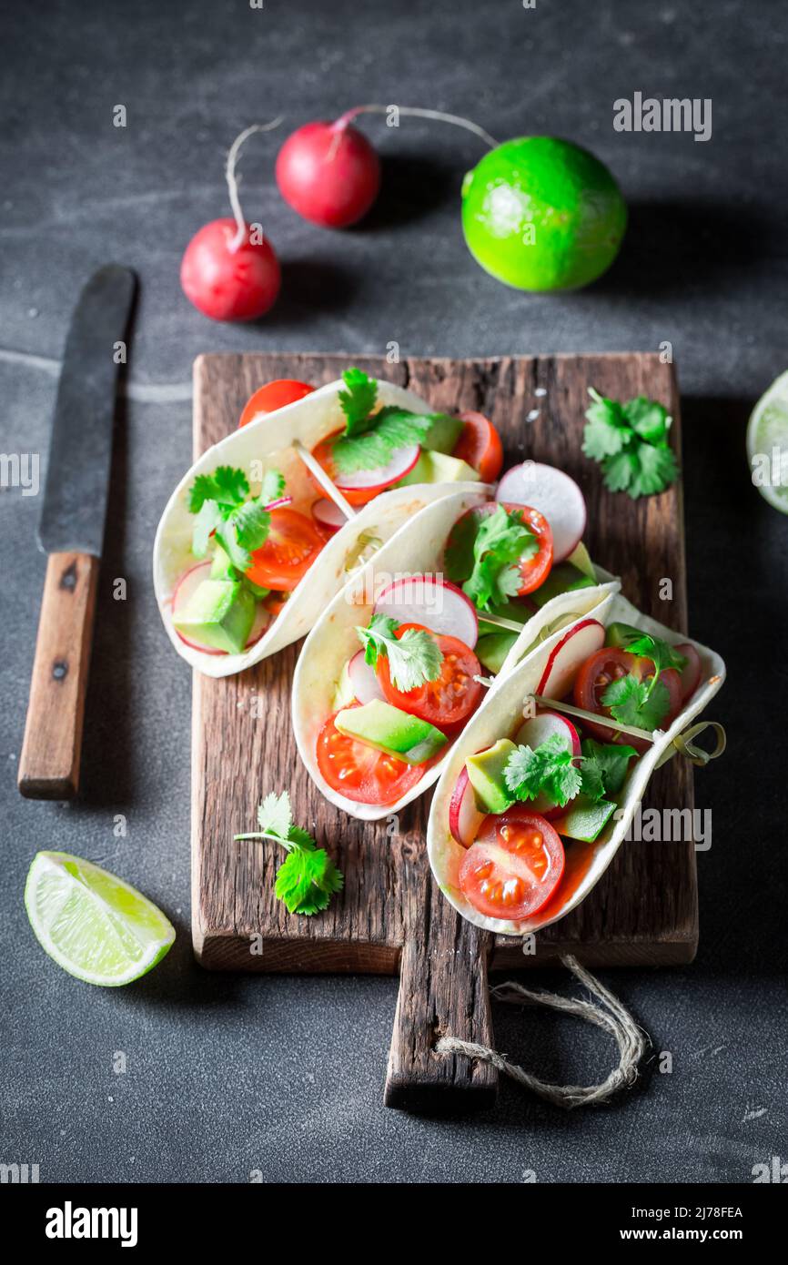 Tasty and vegetarian tacos as spicy starter for restaurant. Tacos with ...