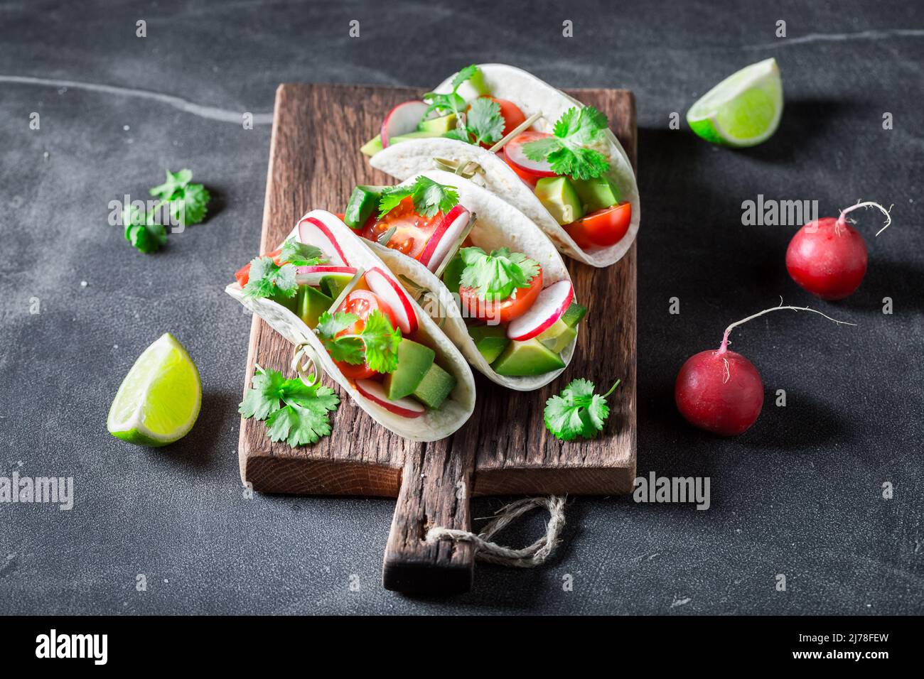 Mexican and spicy tacos as quick snack for party. Tacos with vegetables ...